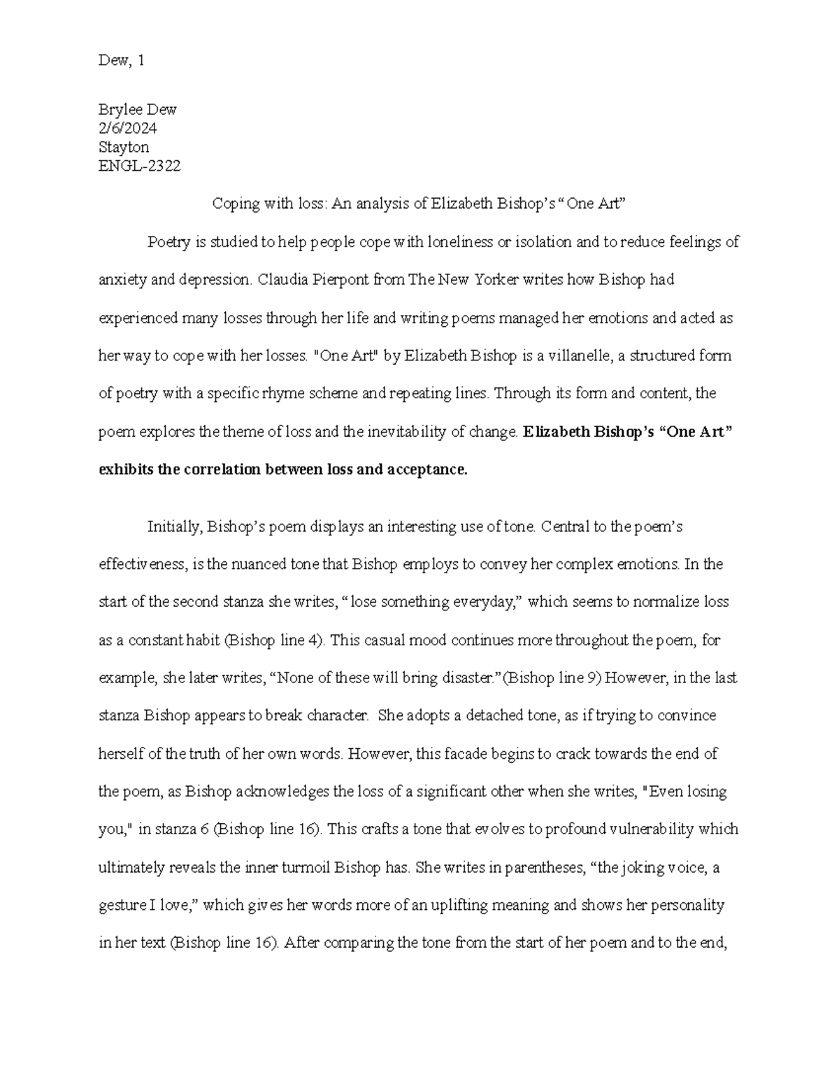 Coping with loss An analysis of Elizabeth Bishop's one Art .docx ...