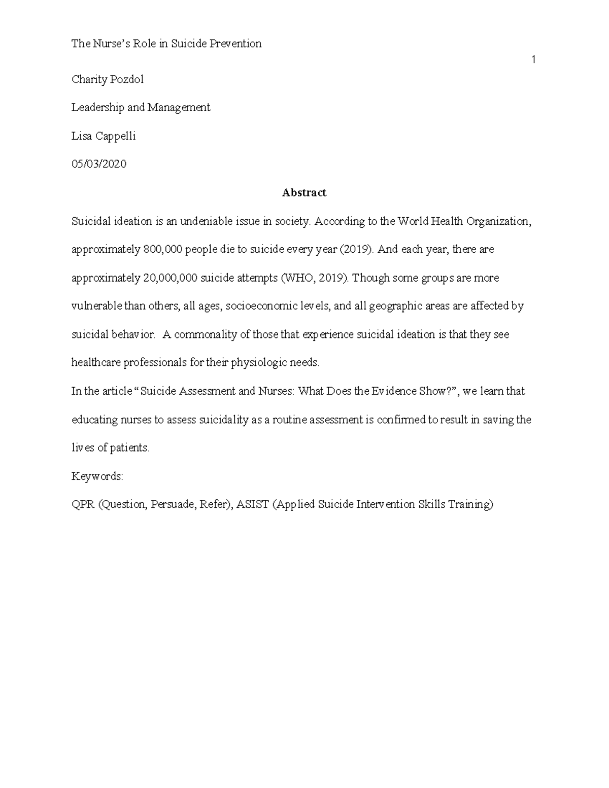 Pozdol The Nurse's Role in Suicide Prevention - 1 Charity Pozdol ...