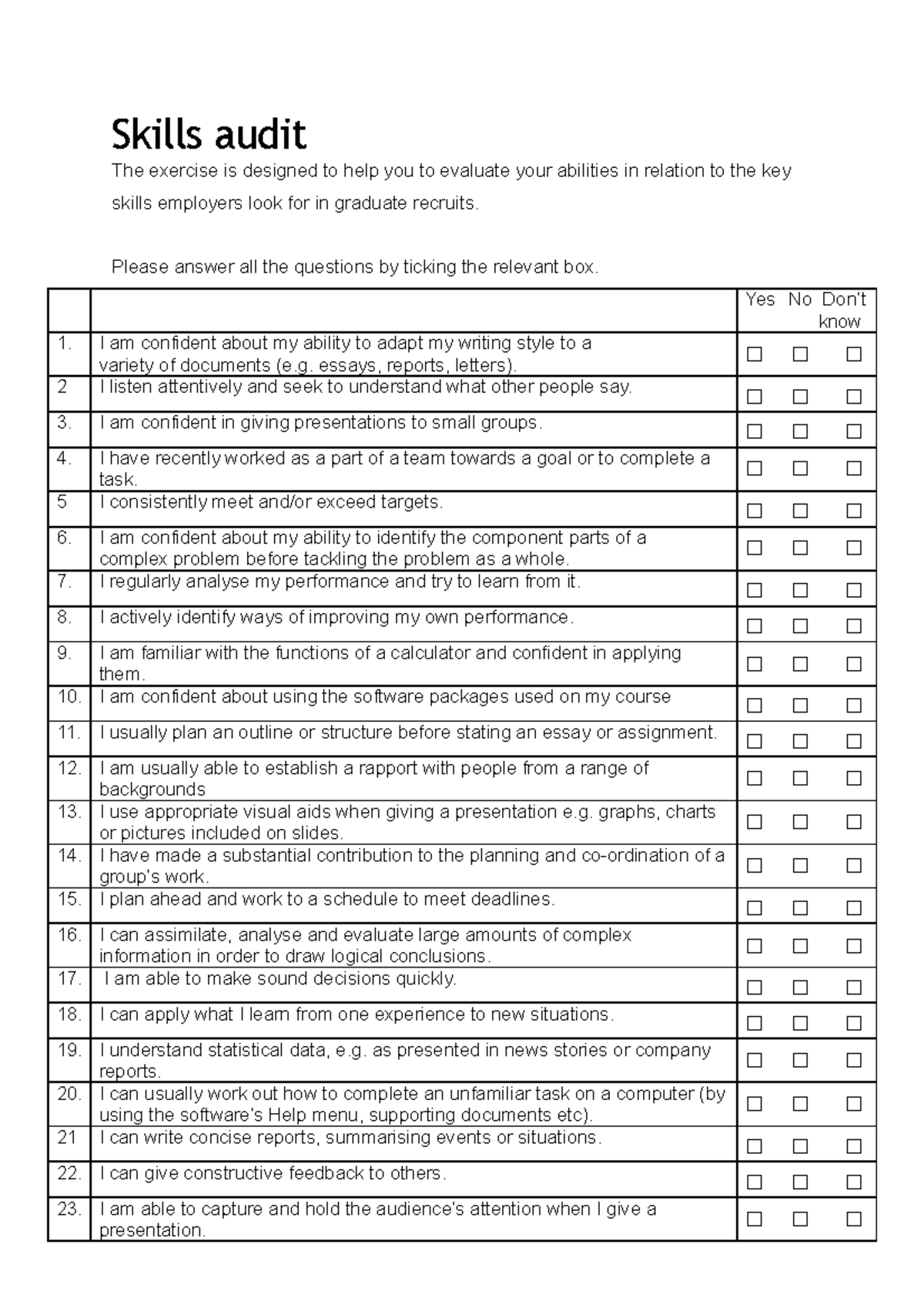 Skills Assessment - Word Document (11) - Skills audit The exercise is ...