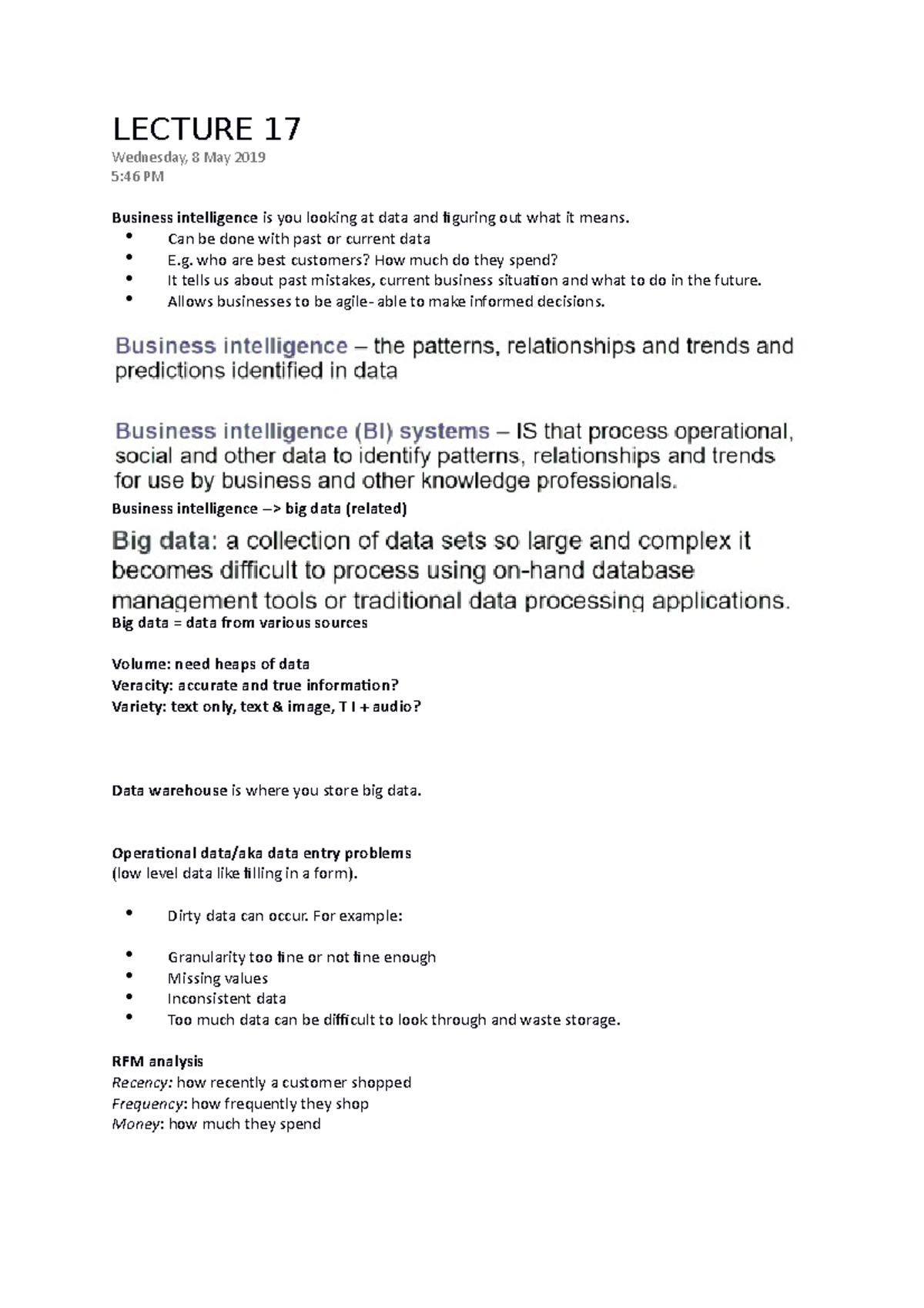 business intelligence - LECTURE 17 Wednesday, 8 May 2019 5:46 PM ...