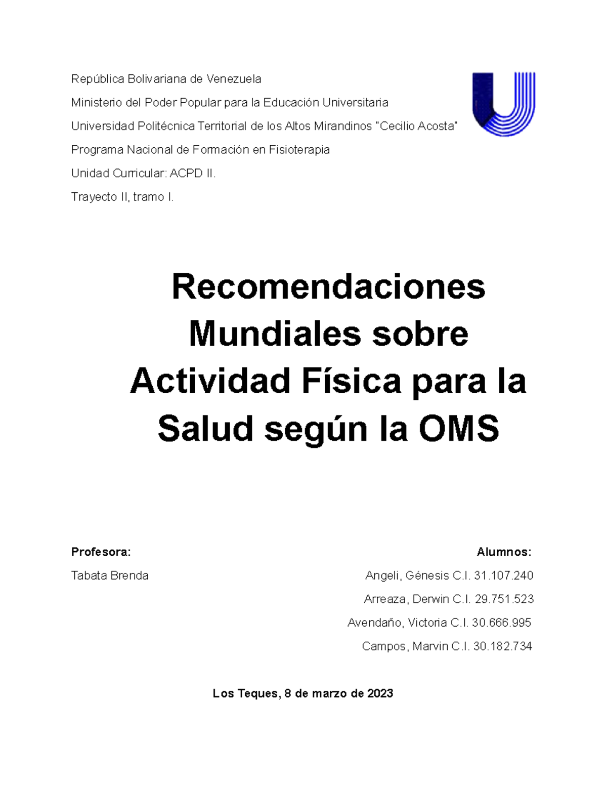 Informe ACPD II Unidad II - República Bolivariana de Venezuela Ministerio del Poder Popular para ...