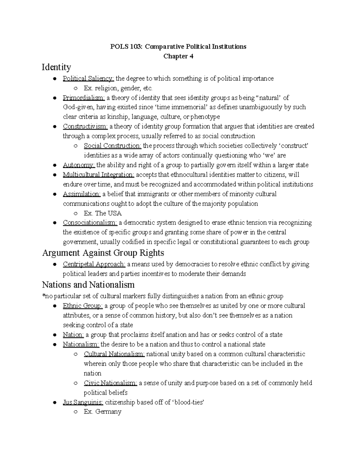 POLS 103 Ch.4 Notes - POLS 103: Comparative Political Institutions ...