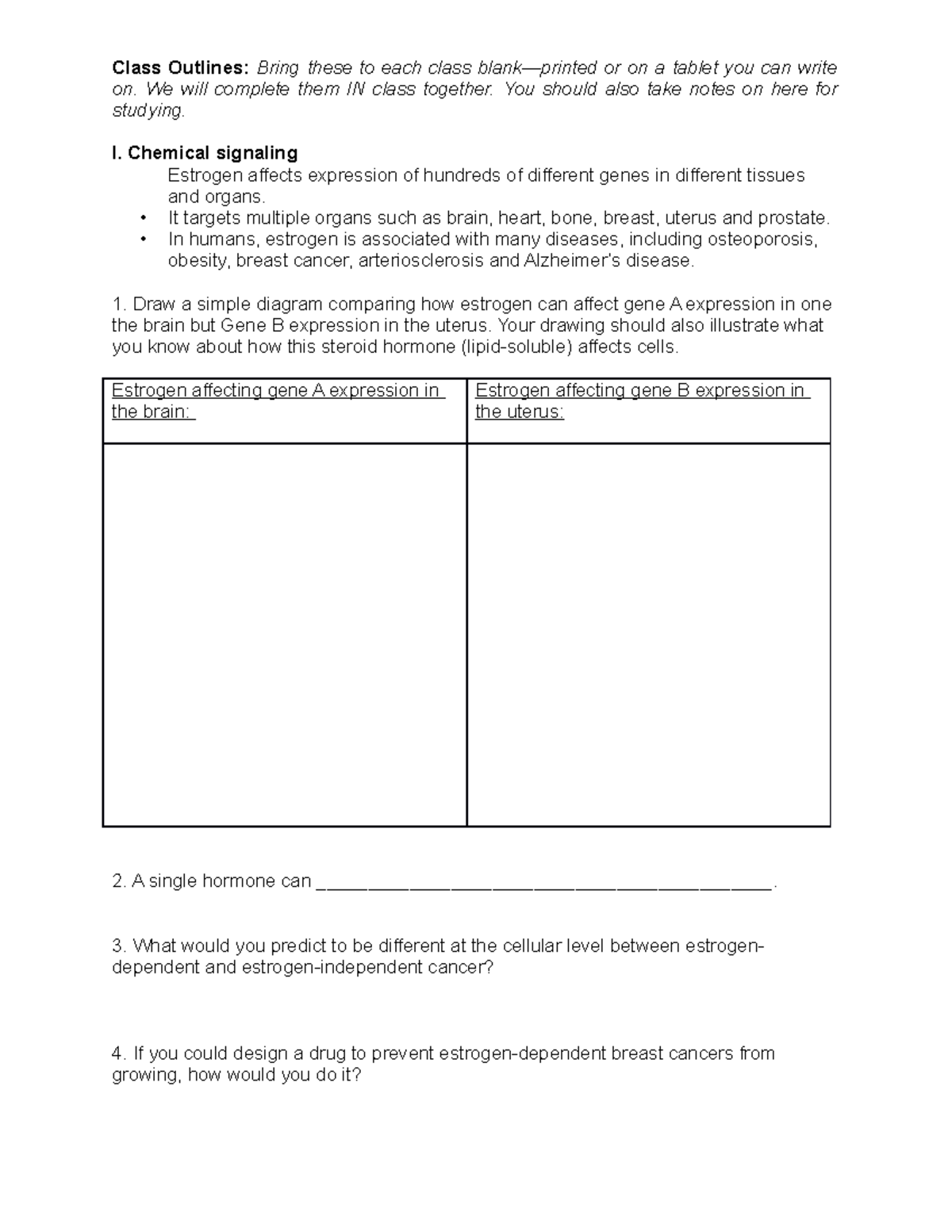 Lesson 5 Class Outline Cell Signaling With Hormones 4 Class Outlines Bring These To Each