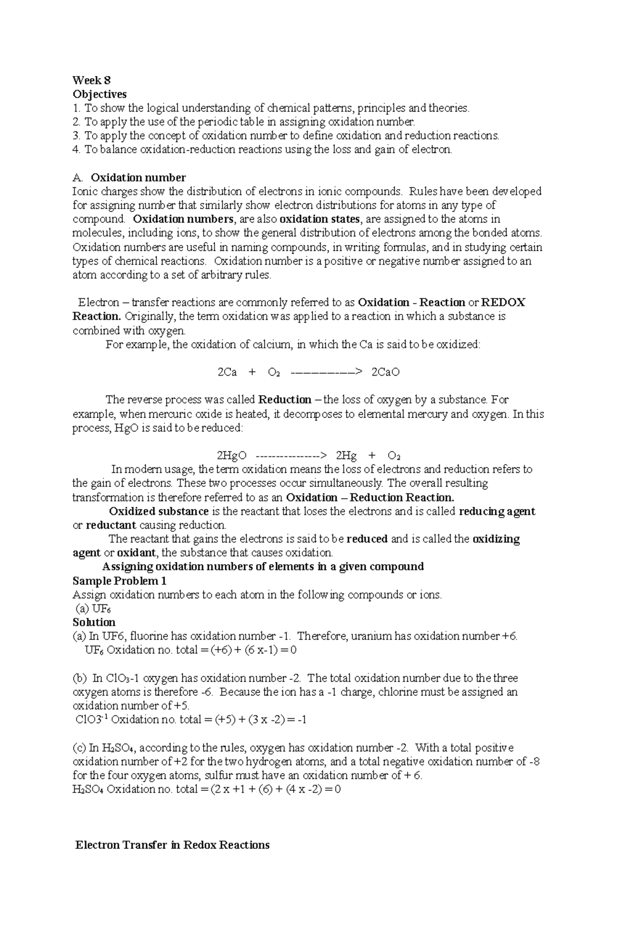 CHEM111 Wk 8 Redox 3 - Prof. Bernaditta Gacutan - Week 8 Objectives To show the logical - Studocu