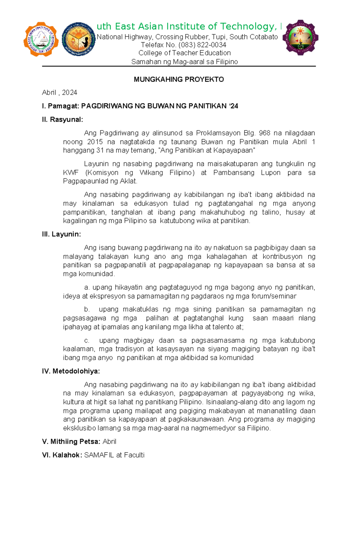 AProject Proposal - BNP -Filipino - National Highway, Crossing Rubber ...
