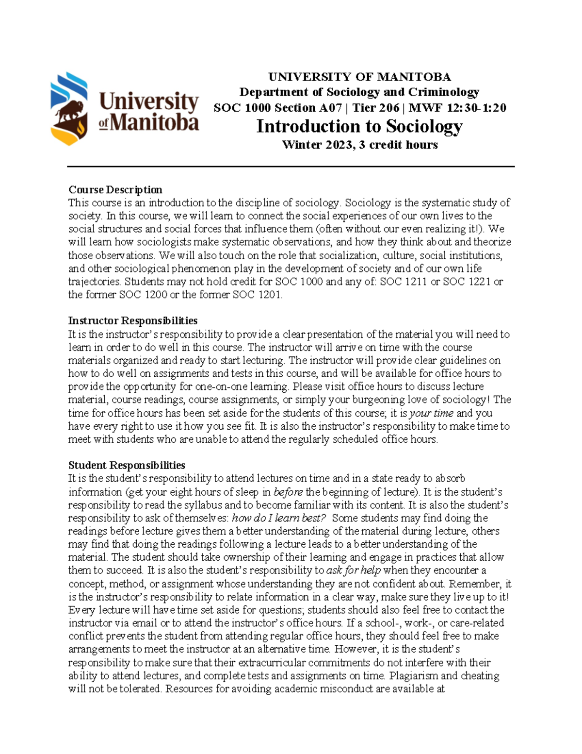 SOC 1000 Syllabus UNIVERSITY OF MANITOBA Department Of Sociology