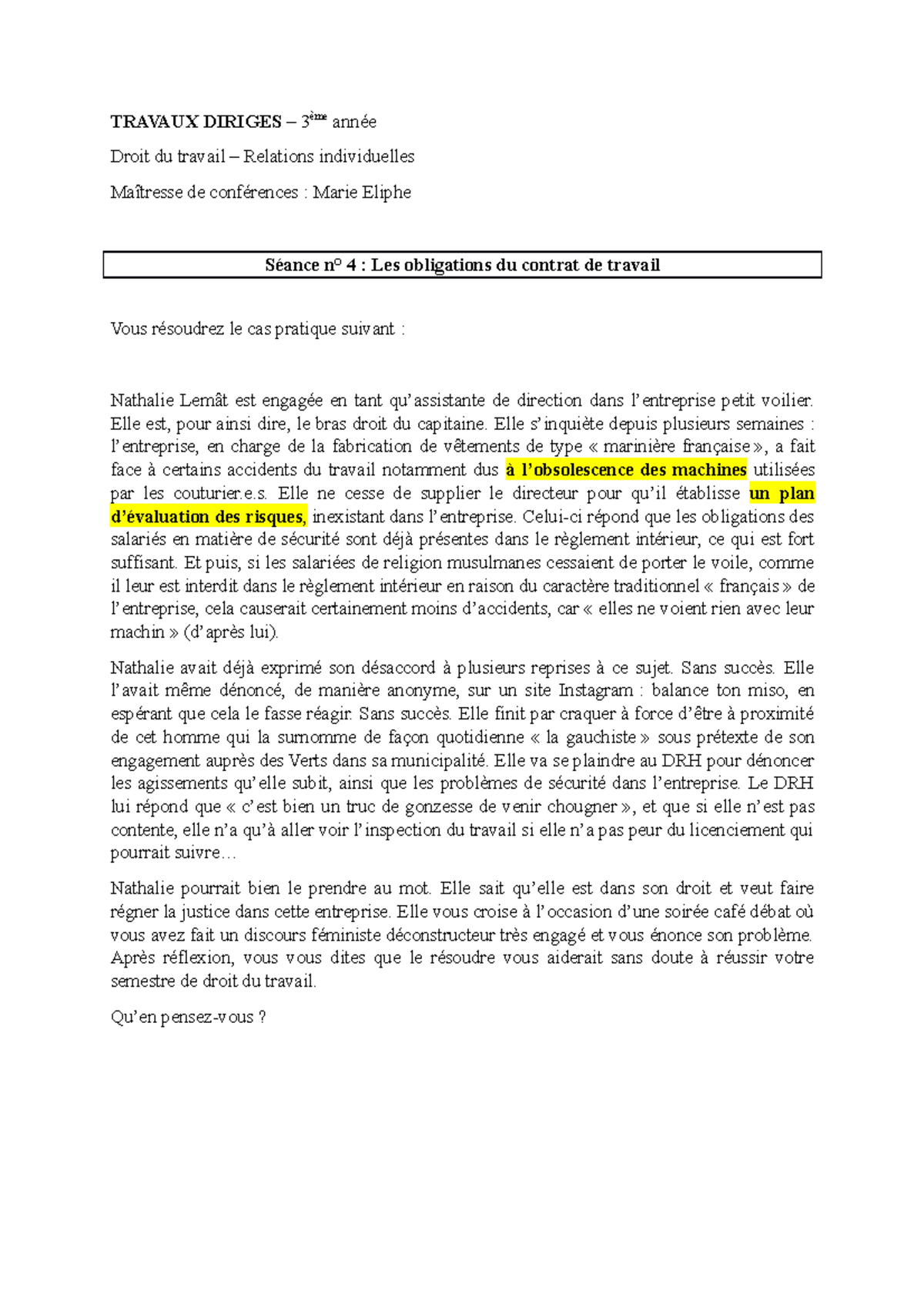 SÃ©ance 4 - Td droit du travail - TRAVAUX DIRIGES – 3ème année Droit du travail – Relations ...