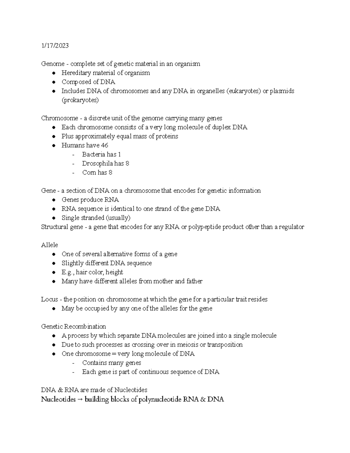 Molecular Genetics Notes - 1/17/ Genome - complete set of genetic ...