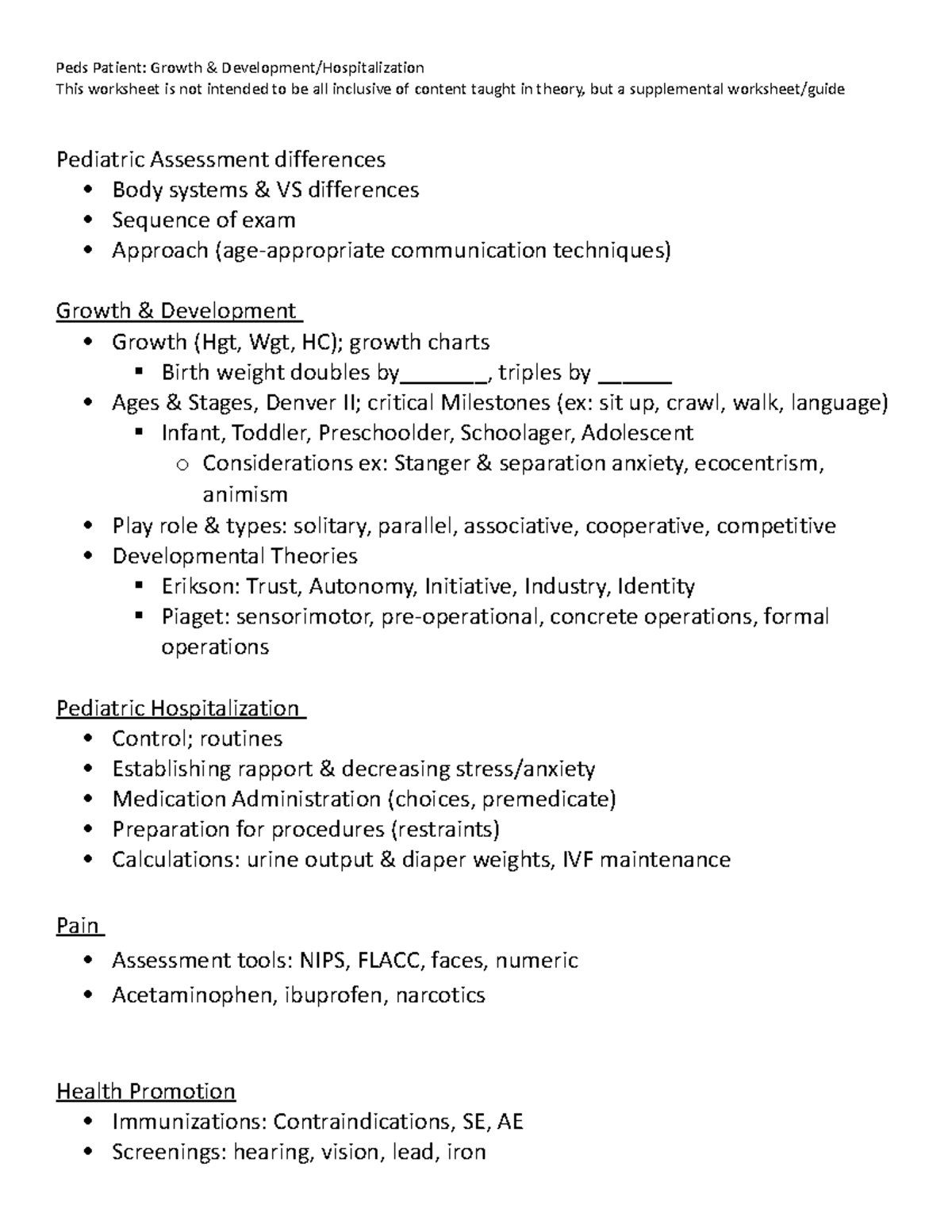 PEDS Assessment G&D Worksheet - Peds Patient: Growth & Development ...