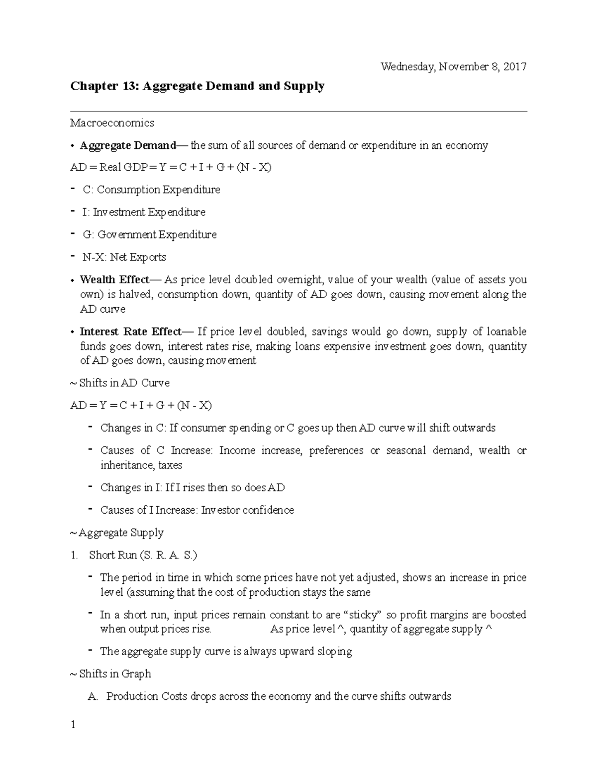 Chapter 13- Aggregate Demand and Supply - Chapter 13: Aggregate Demand ...