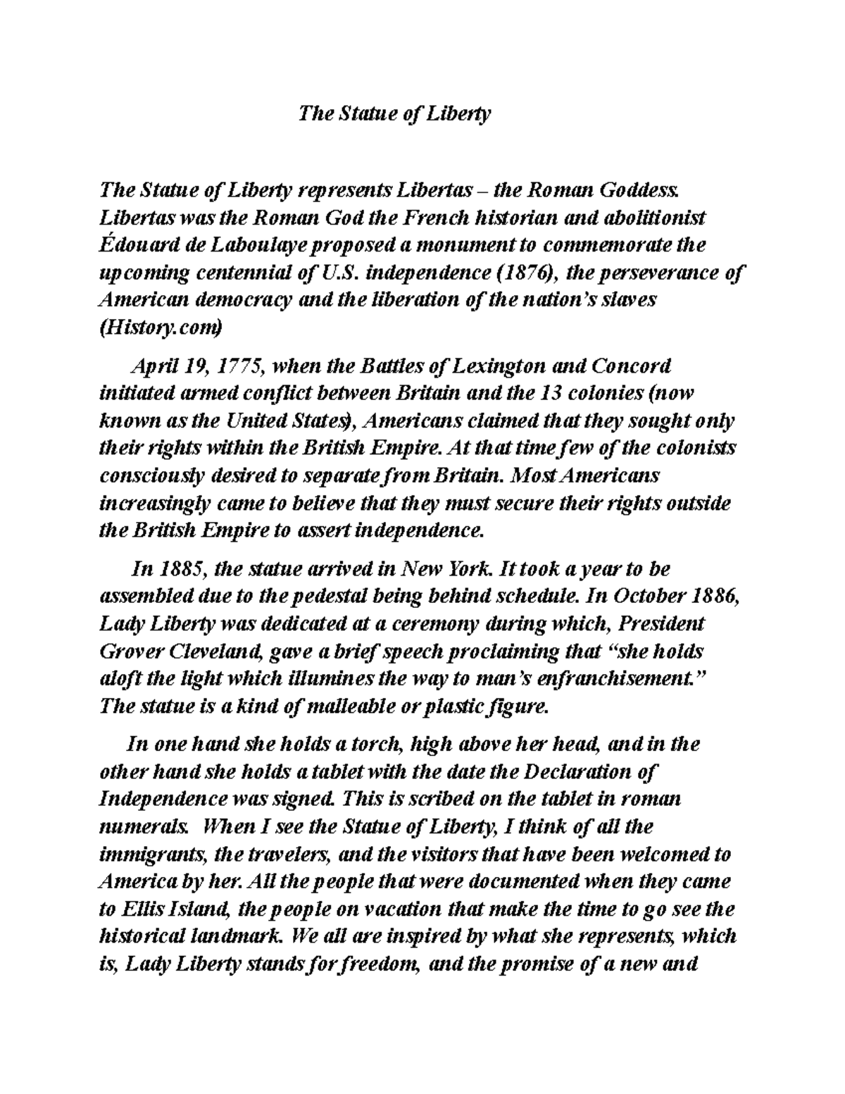 The Statue of Liberty - assignment - The Statue of Liberty The Statue ...