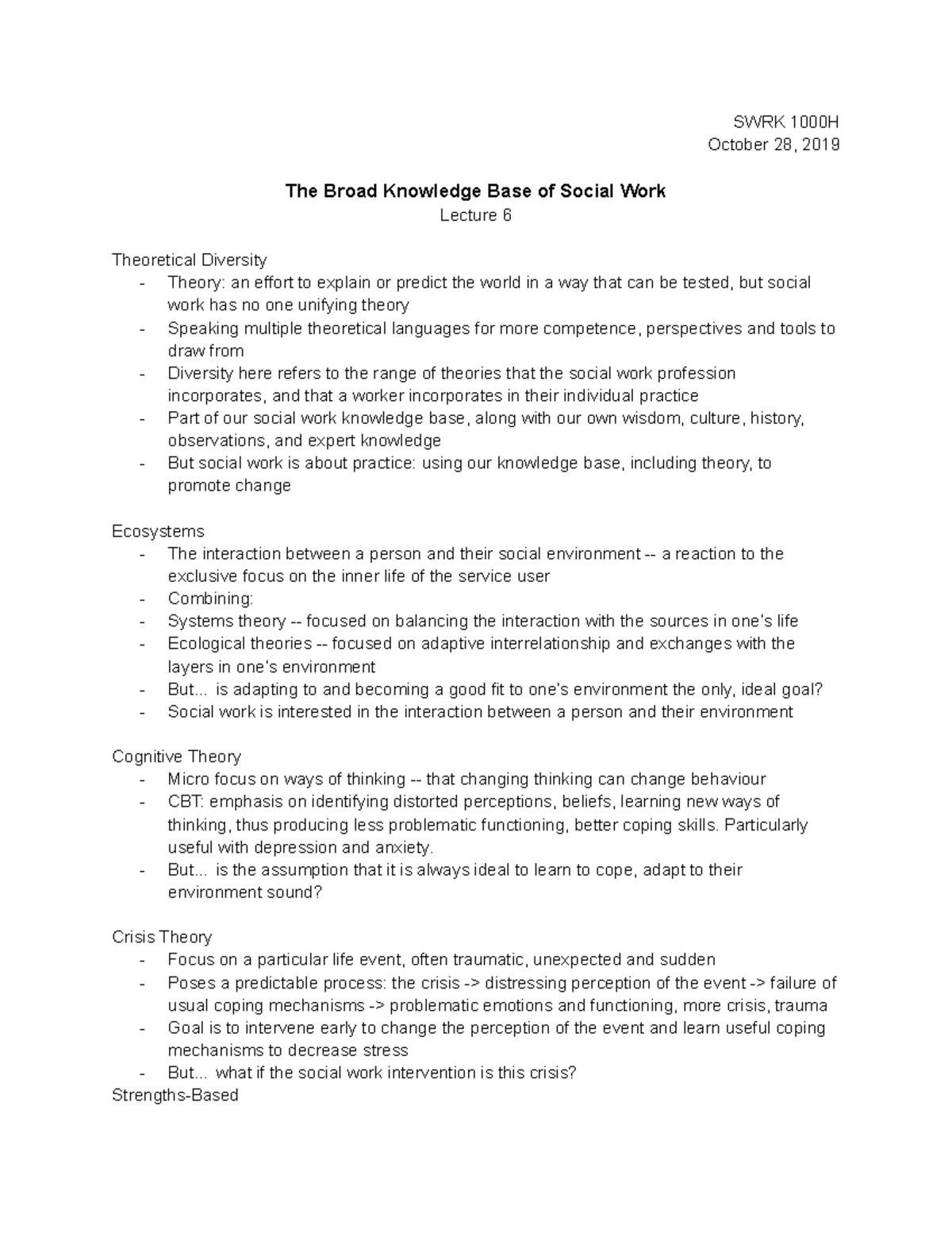 SWRK Oct 28 - Lecture notes 6 - SWRK 1000H October 28, 2019 The Broad ...