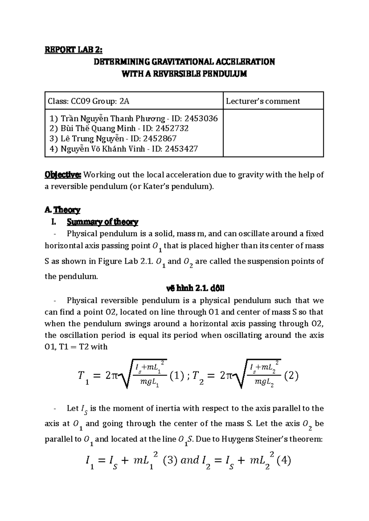 Lab 2 Report - REPORT LAB 2 : DETERMINING GRAVITATIONAL ACCELERATION ...