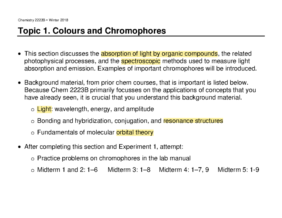 1 Chromphores - Lecture notes chromophores - Chemistry 2223B Winter ...