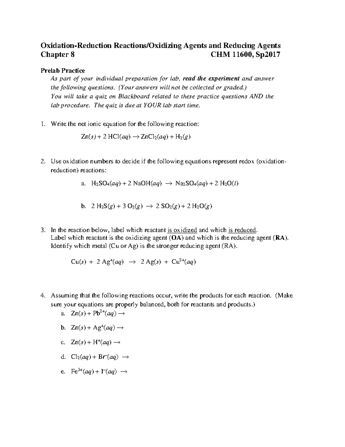 Redox Prelab Practice Questions Sp2017 - Oxidation-Reduction Reactions ...