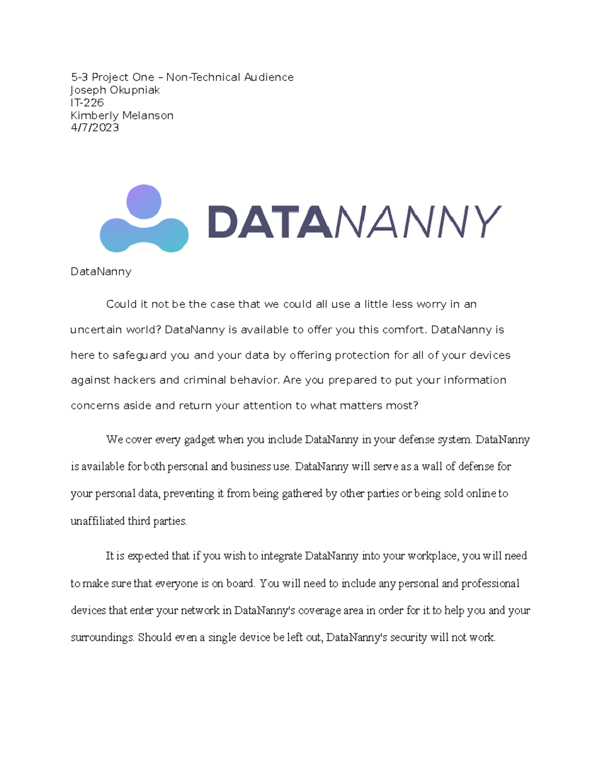 5-3 Project one - DataNanny is here to safeguard you and your data by ...