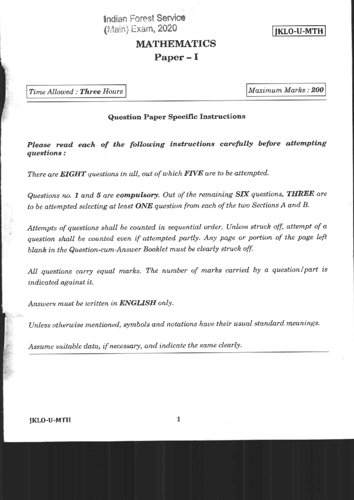 Maths I 0 - M..... - Indian Forest Service (Main) Exam, 2020 ...