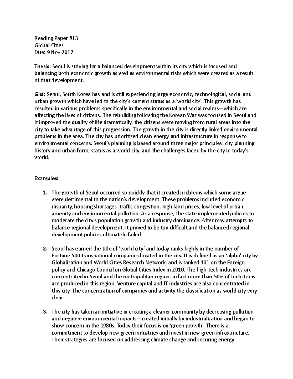 Reading Paper 13 - Reading Paper # Global Cities Due: 9 Nov 2017 Thesis ...