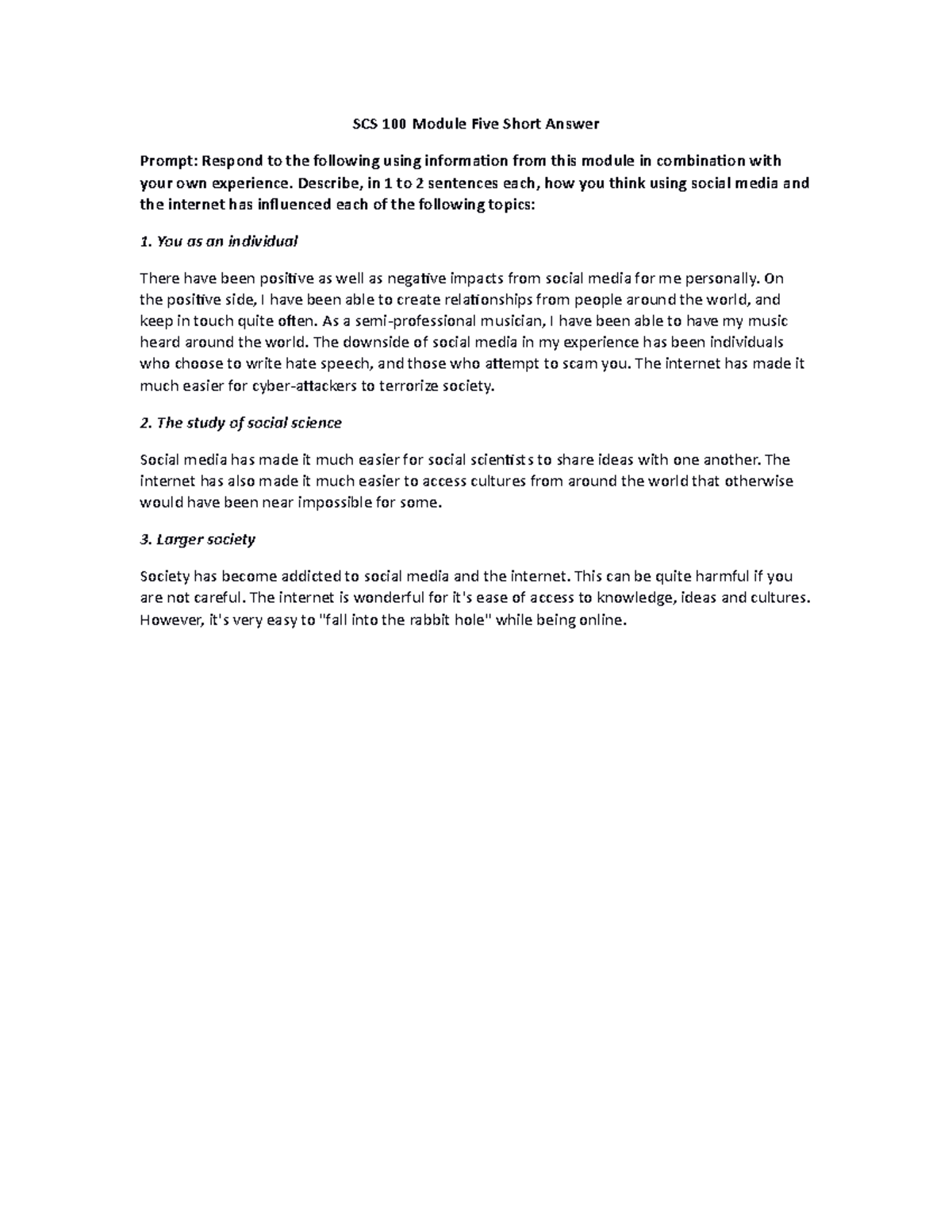 SCS 100 Module Five Short Answer SNHU - SCS-100-T6213 - SNHU - Studocu