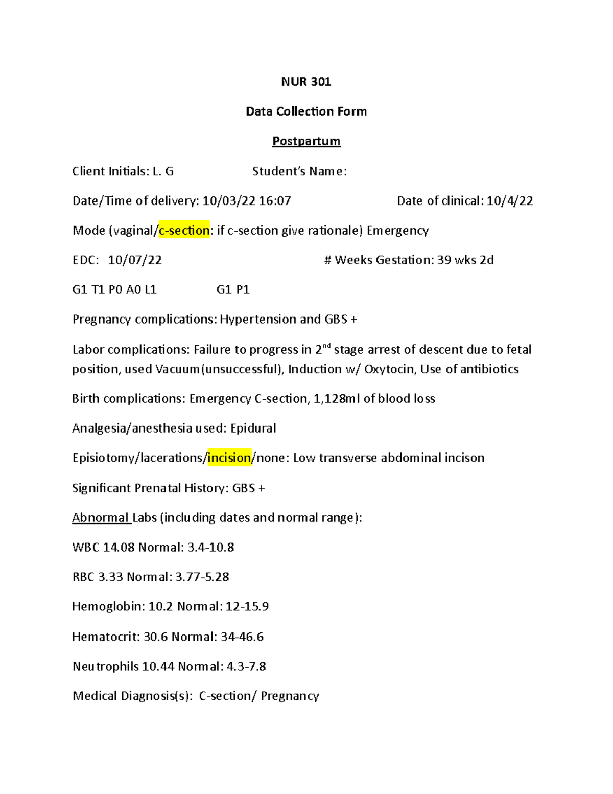 NUR 301 Postpartum Data Collection - NUR 301 Data Collection Form ...
