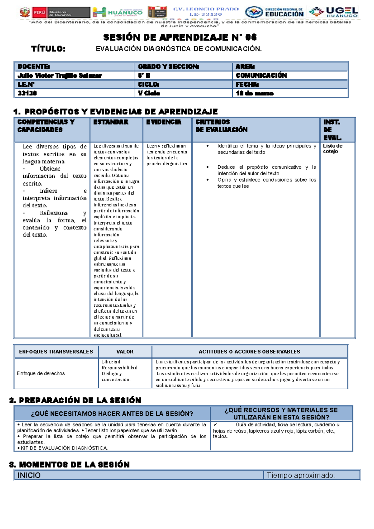 Sesión DE Aprendizaje Evaluacion Diagnostica - SESIÓN DE APRENDIZAJE N° 06 TÍTULO: EVALUACIÓN ...
