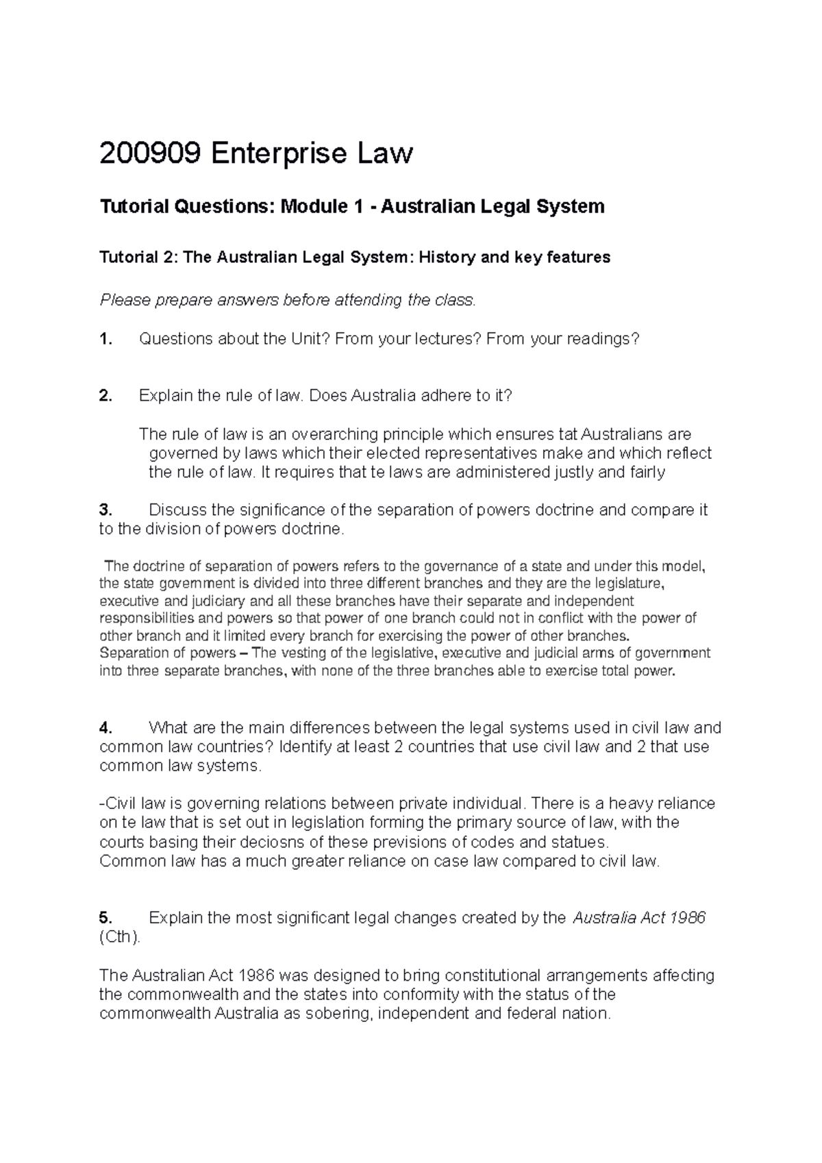 Tutorial 2 western Sydney university - 200909 Enterprise Law Tutorial ...