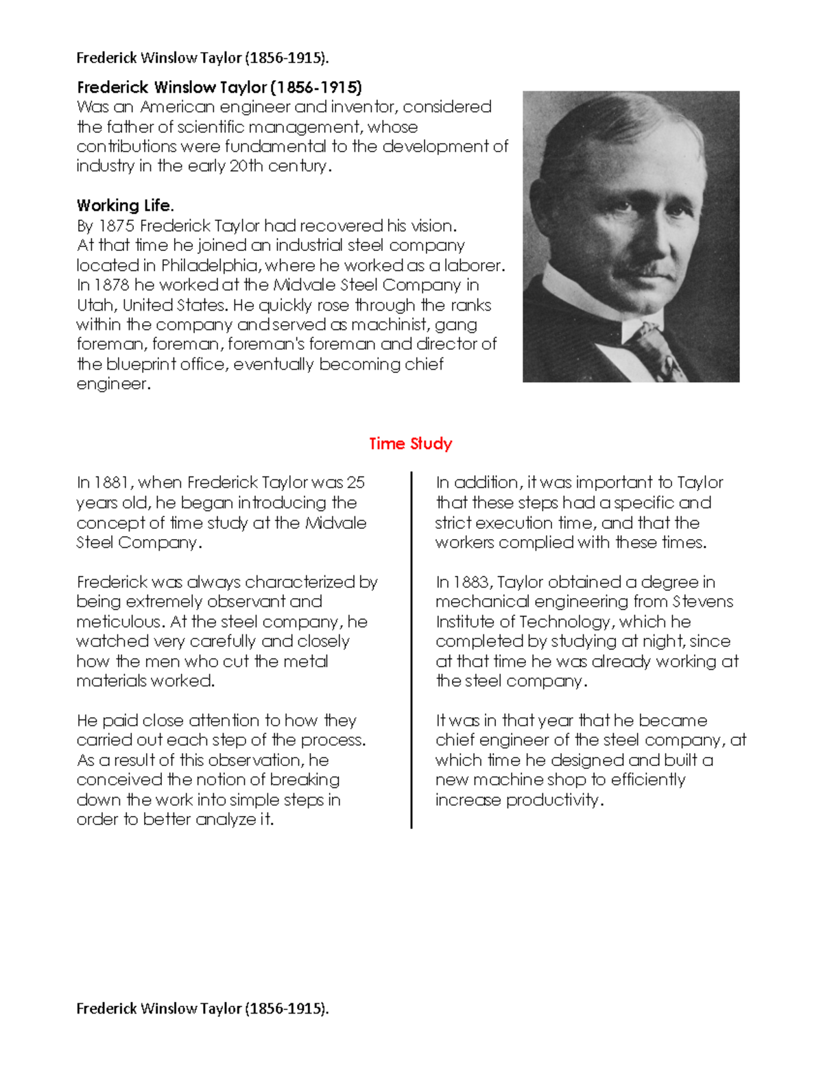Chronicle frederick taylor - Frederick Winslow Taylor (1856- 1915 ...