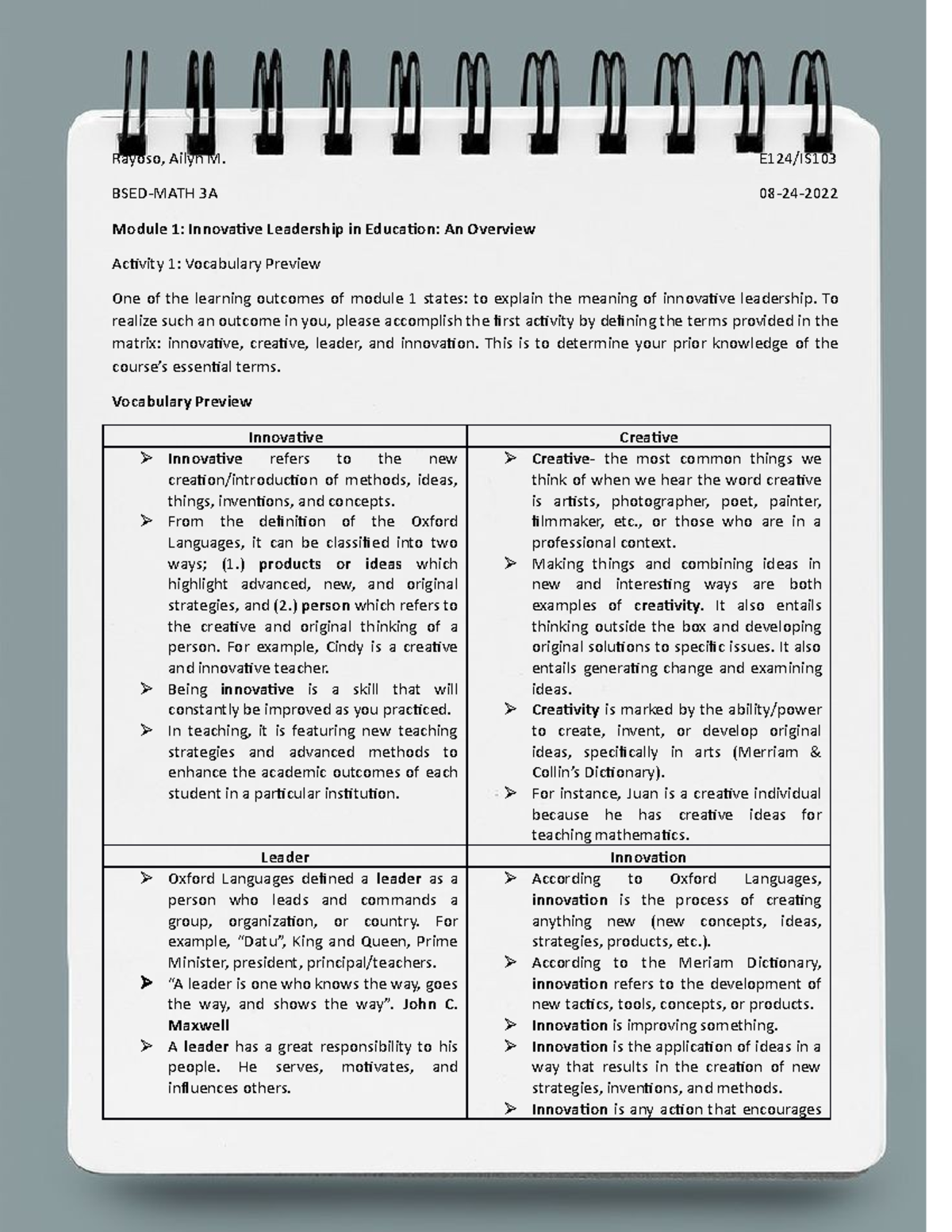 Innovative Leadership module 1 - Rayoso, Ailyn M. E124/IS BSED-MATH 3A ...