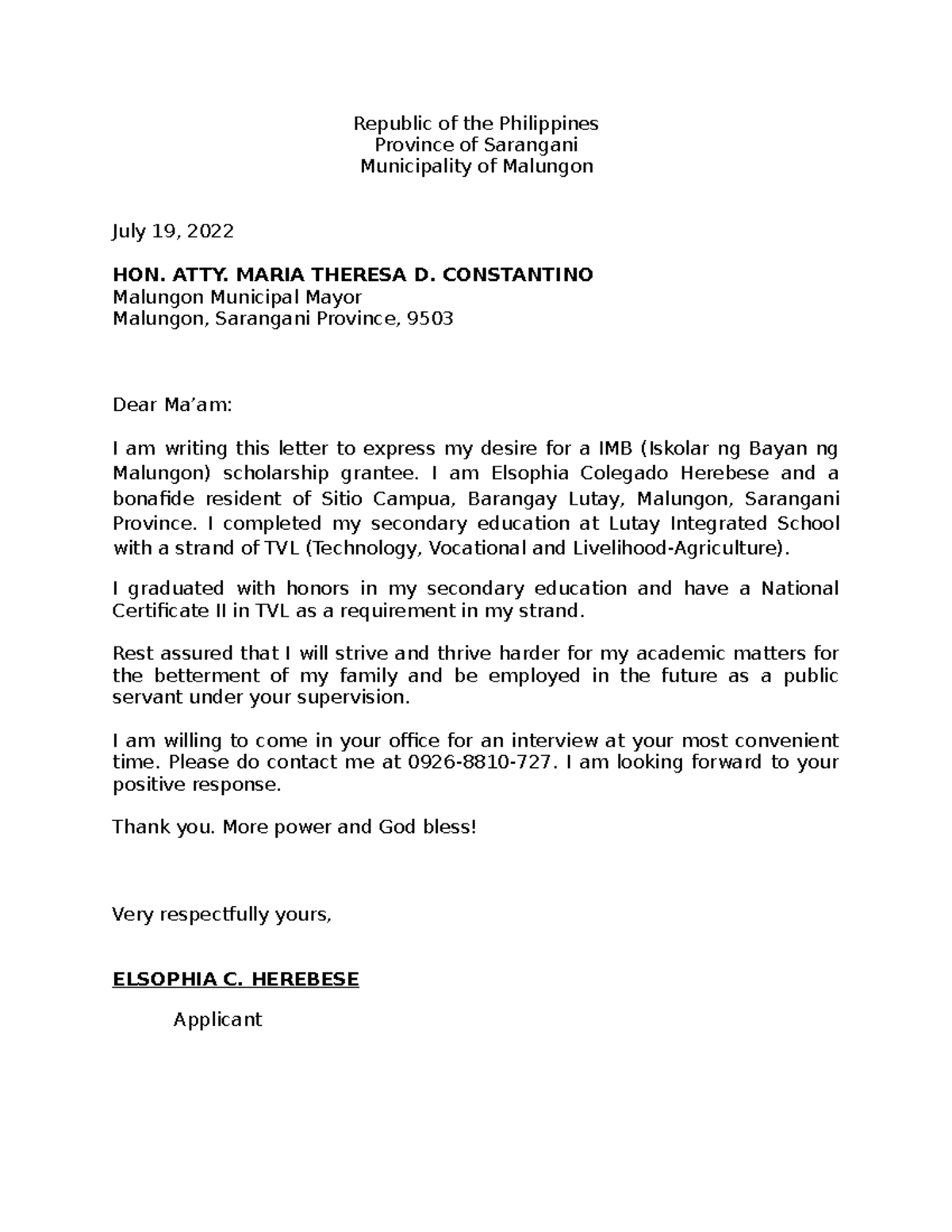 Yangyang APP Letter - Republic of the Philippines Province of Sarangani ...