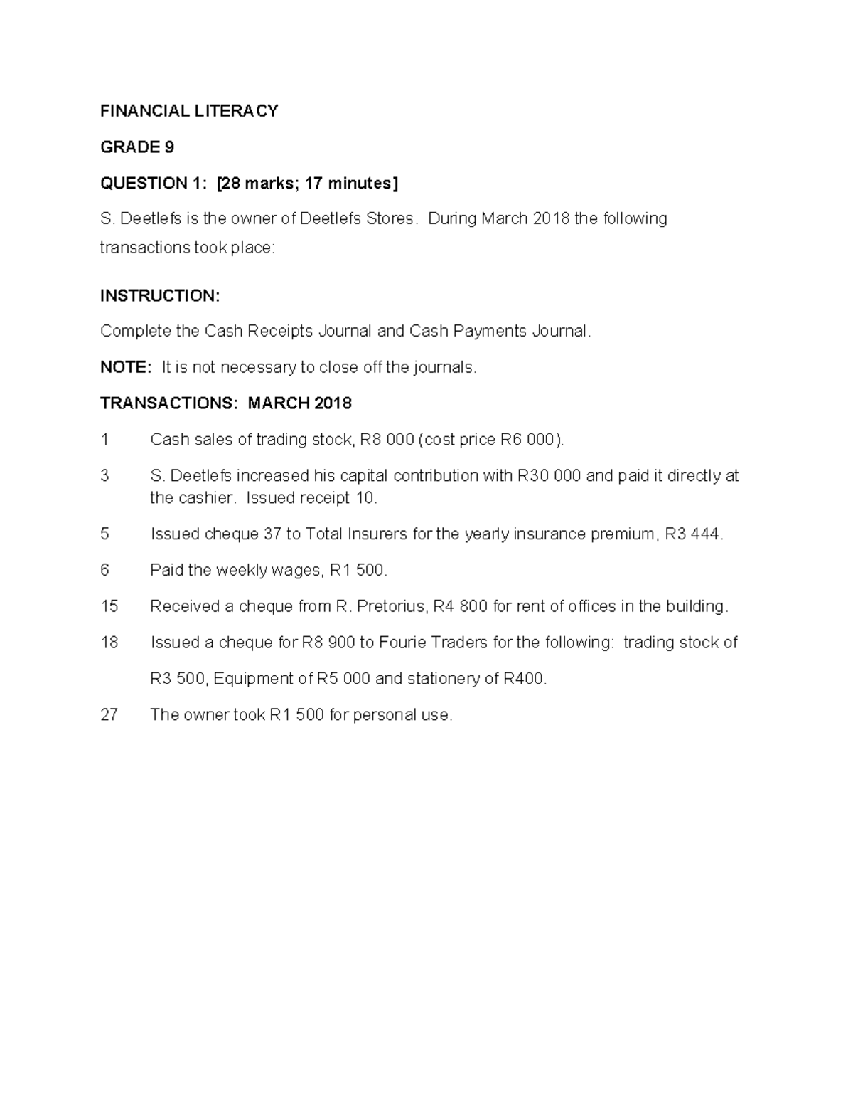 Grade 9 Term 1 Financial Literacy worksheets - FINANCIAL LITERACY GRADE ...