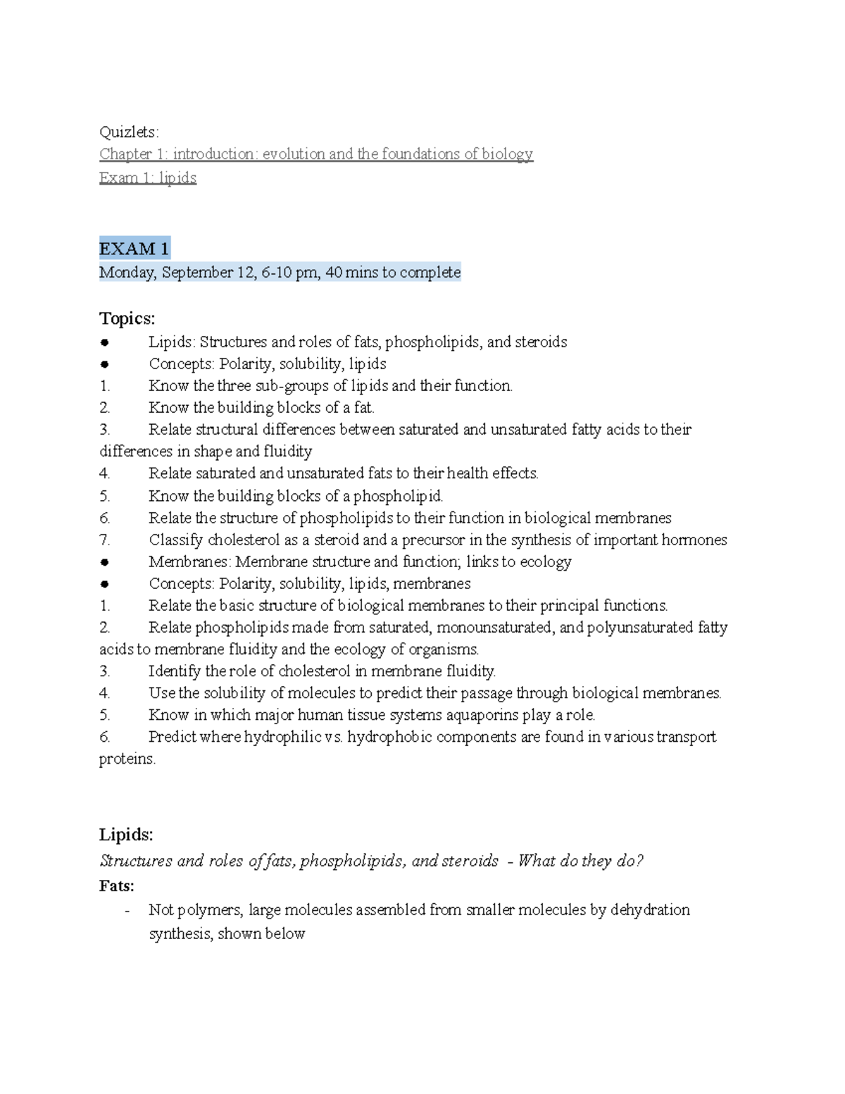 Gen bio study guide for first exam - Quizlets: Chapter 1: introduction ...