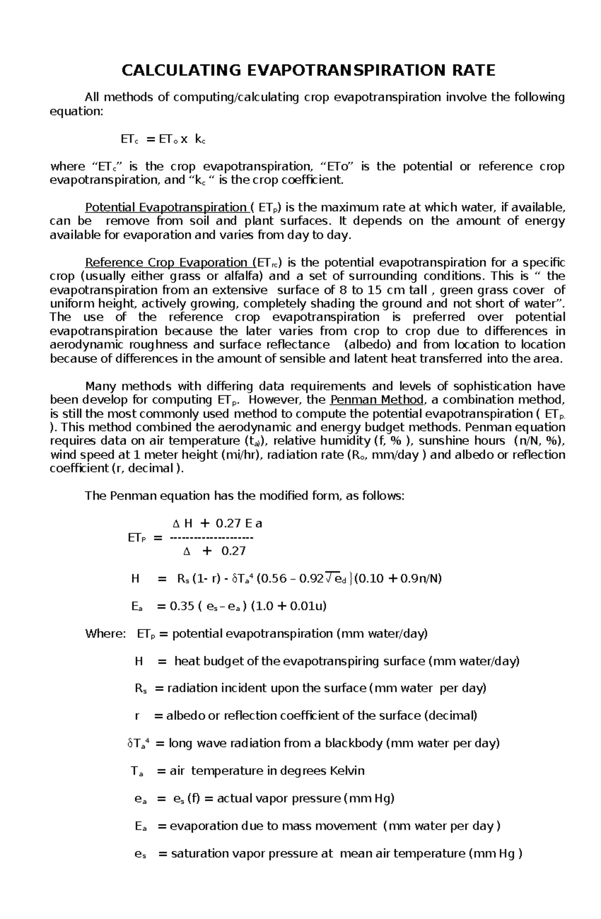 Evapotranspiration-Calculation - CALCULATING EVAPOTRANSPIRATION RATE ...