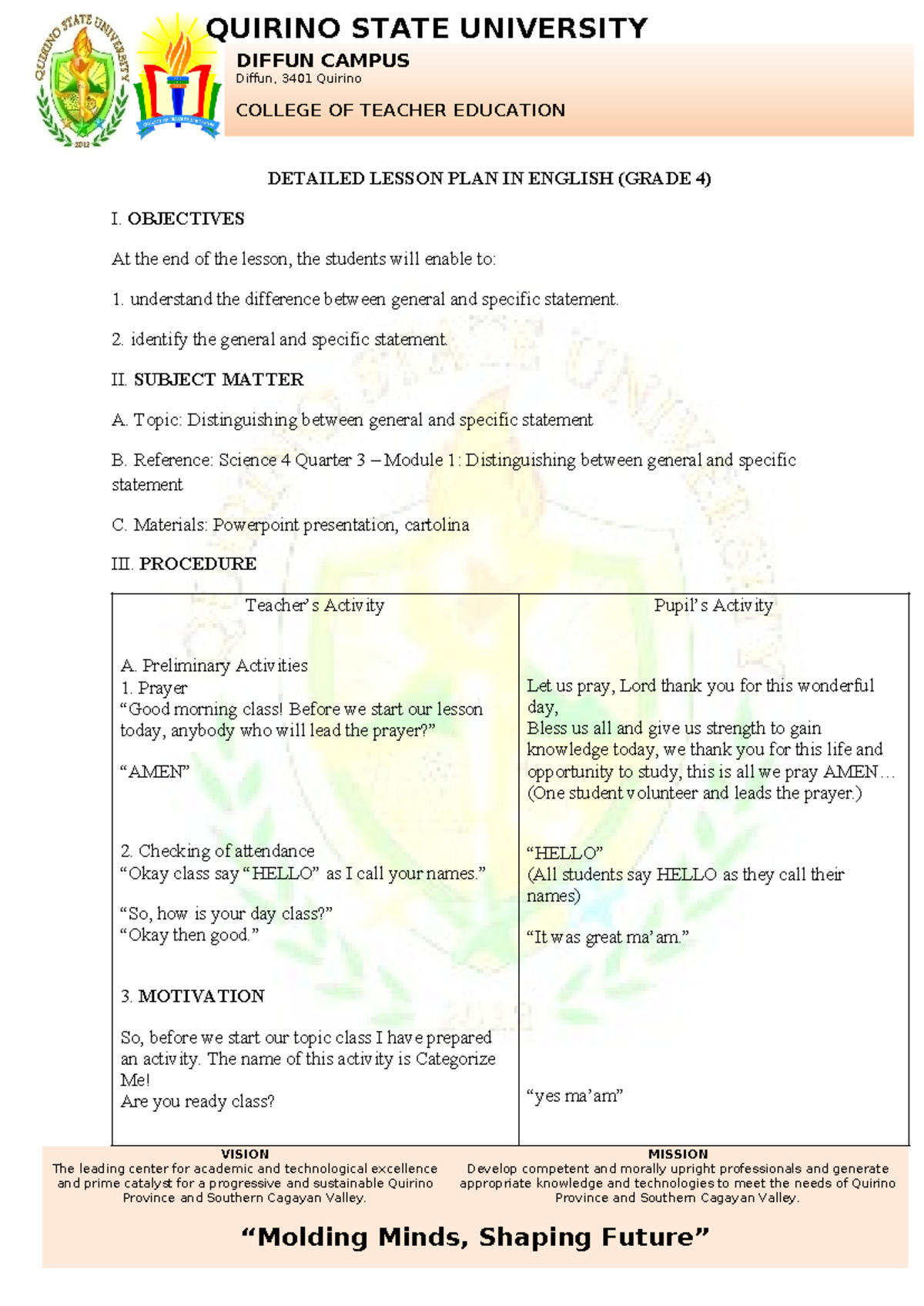 LP- English 4- General& Specific Statement - DIFFUN CAMPUS Diffun, 3401 ...