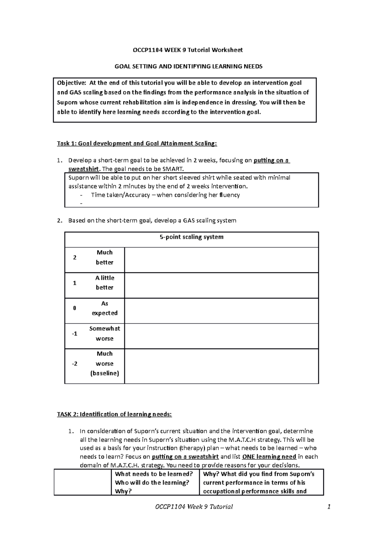 Week 9 tutorial worksheet 2022 - OCCP1104 WEEK 9 Tutorial Worksheet GOAL SETTING AND IDENTIFYING ...