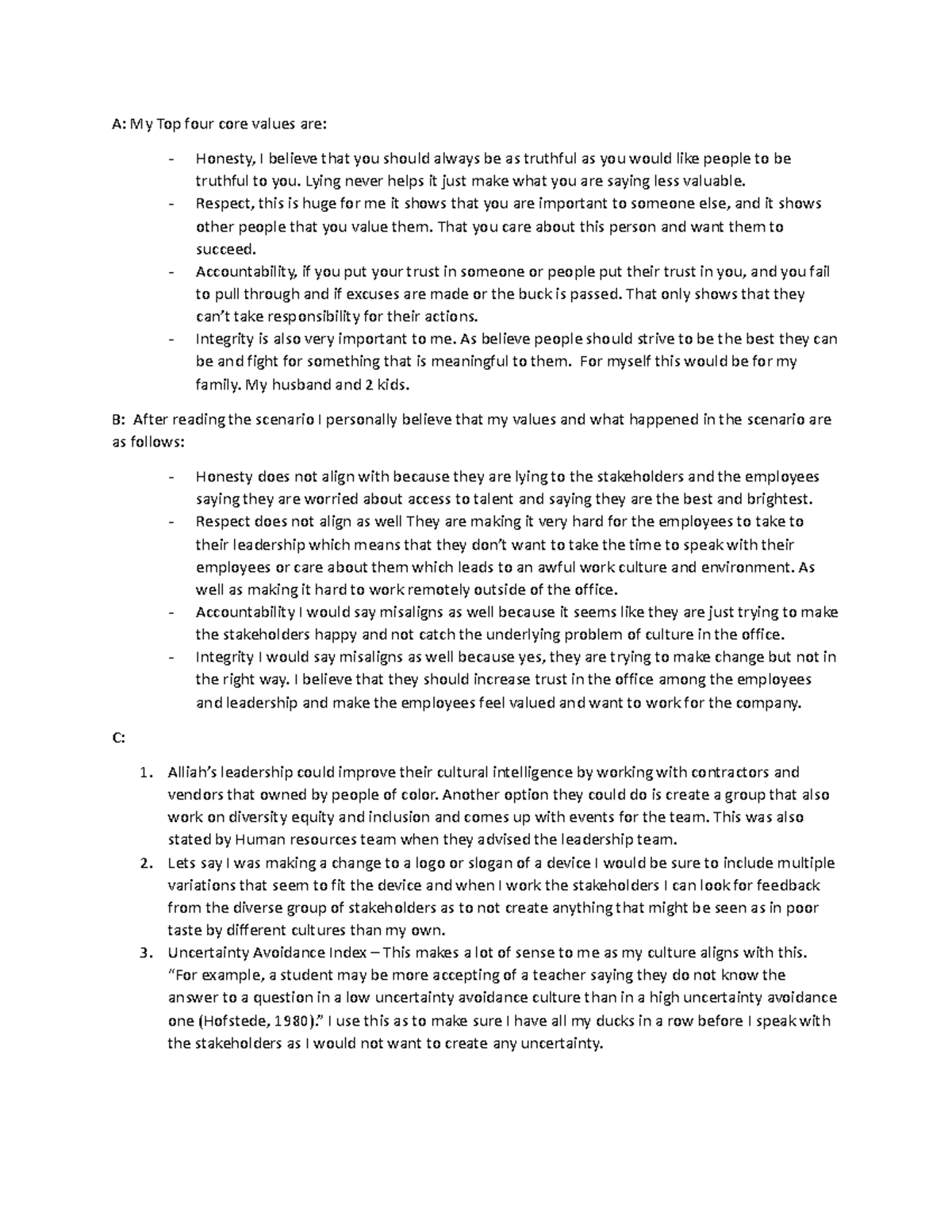 CHM1 Task 2 - CHM1 Task 2 - A: My Top four core values are: Honesty, I ...
