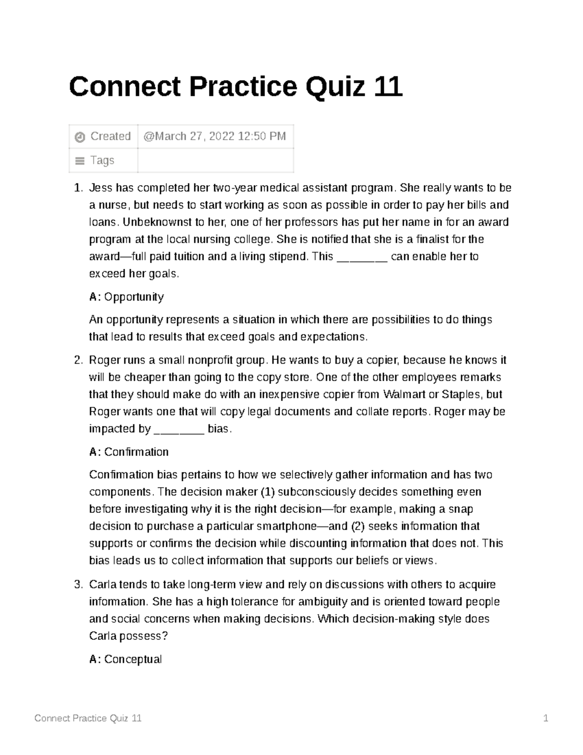 Connect Practice Quiz 11 - She really wants to be a nurse, but needs to ...