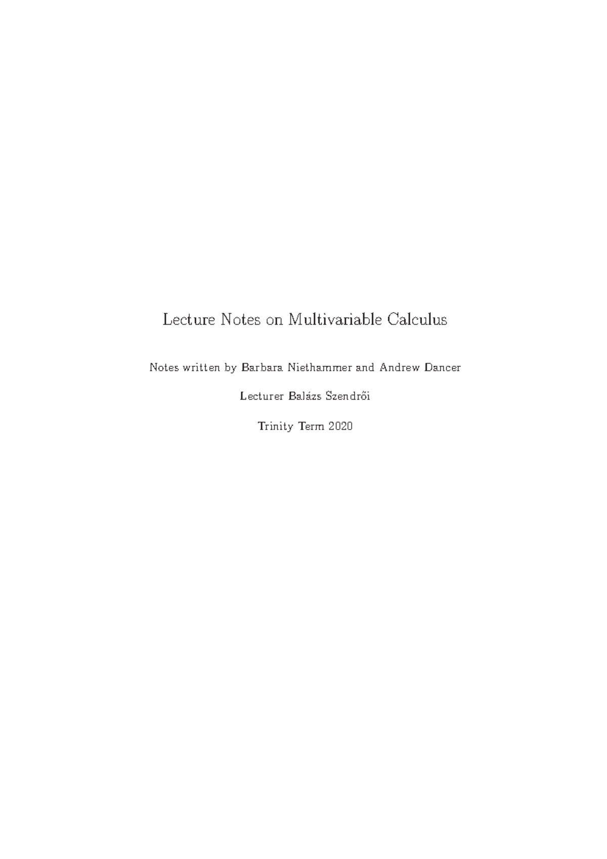 Lecture Notes on Multivariable Calculus - Studocu
