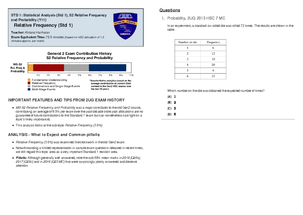 Relative Frequency - Practice HSC questions - STD 1: Statistical ...