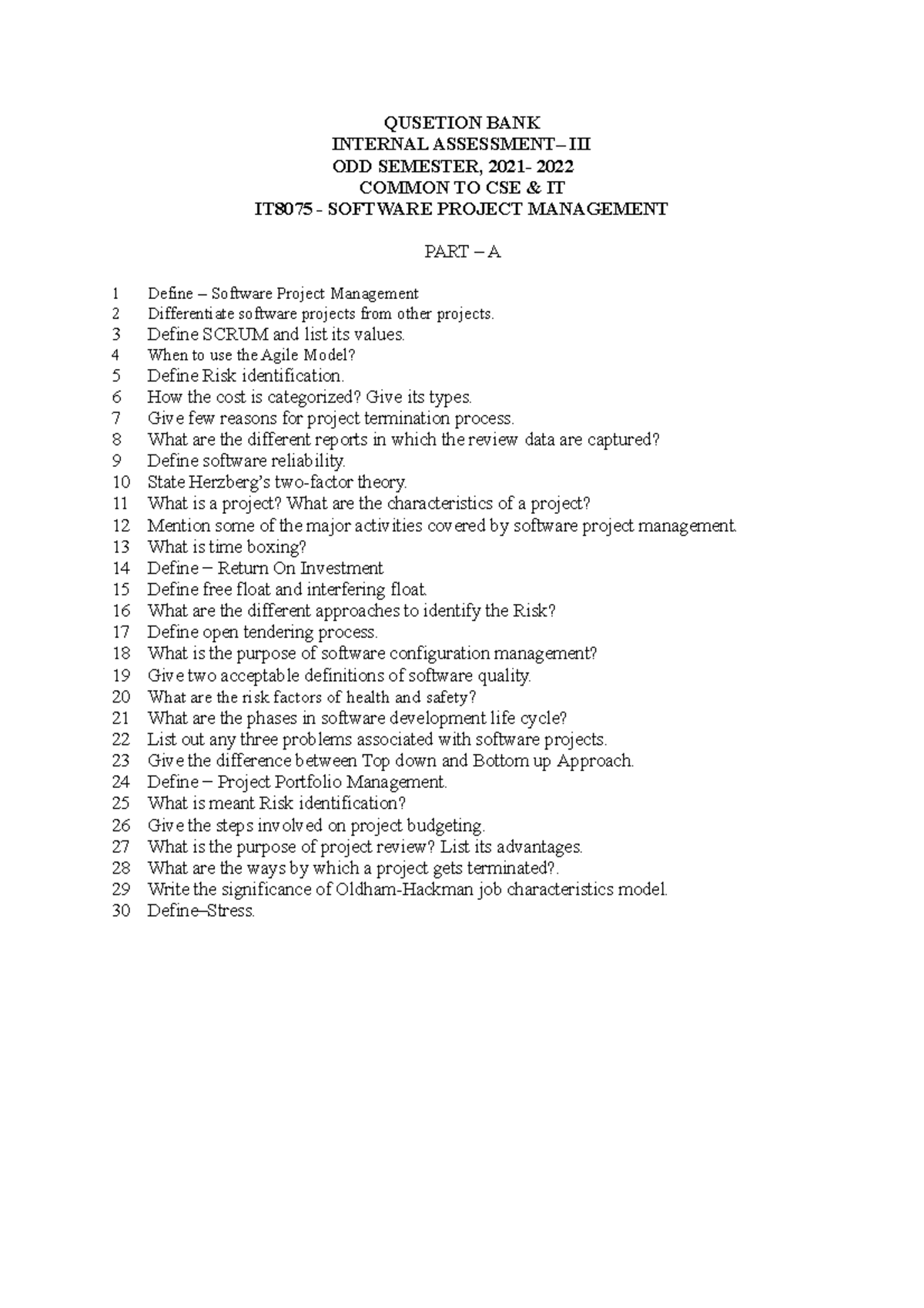 Software Project Management Qusetion BANK - Studocu