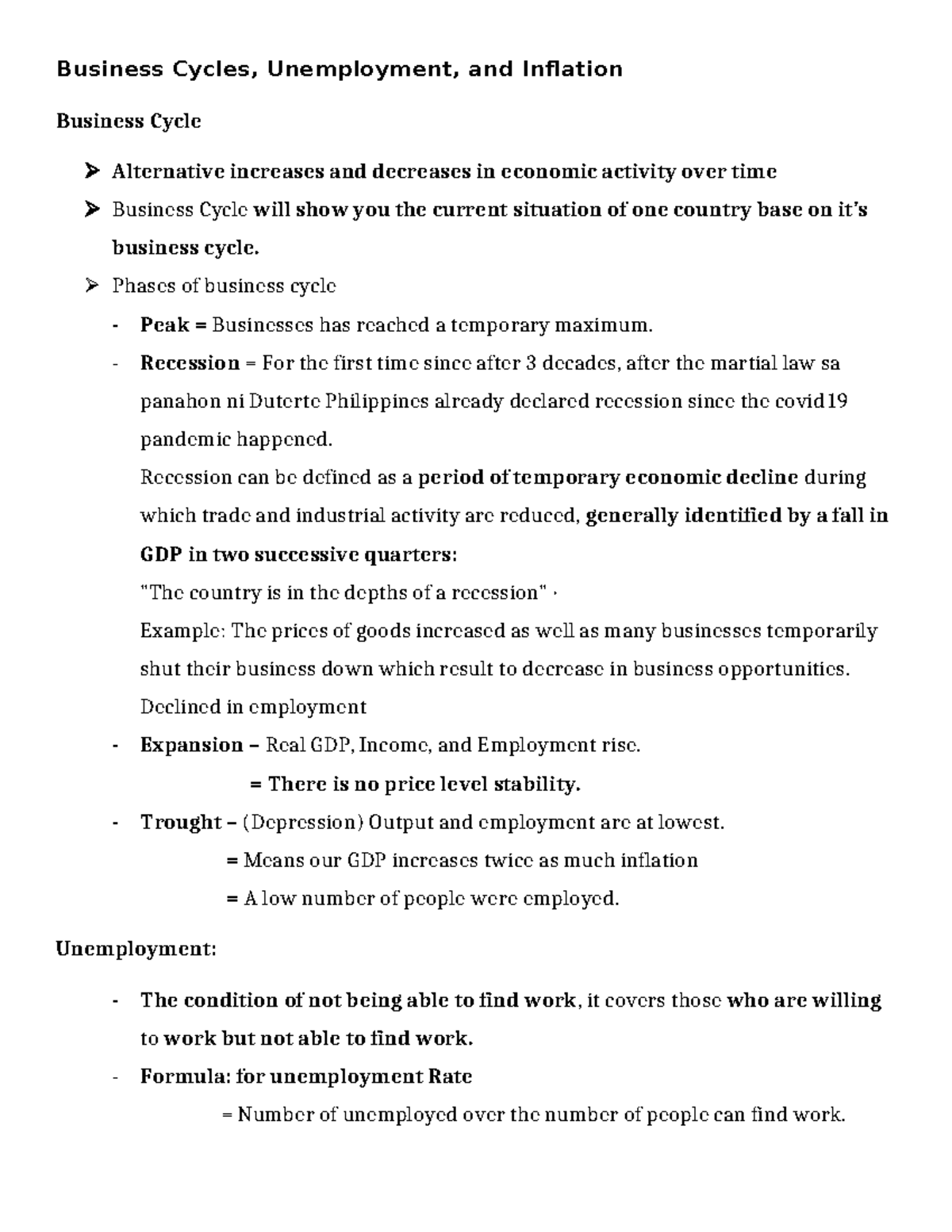 Business cycle, unemployment, and inflation - Business Cycles ...