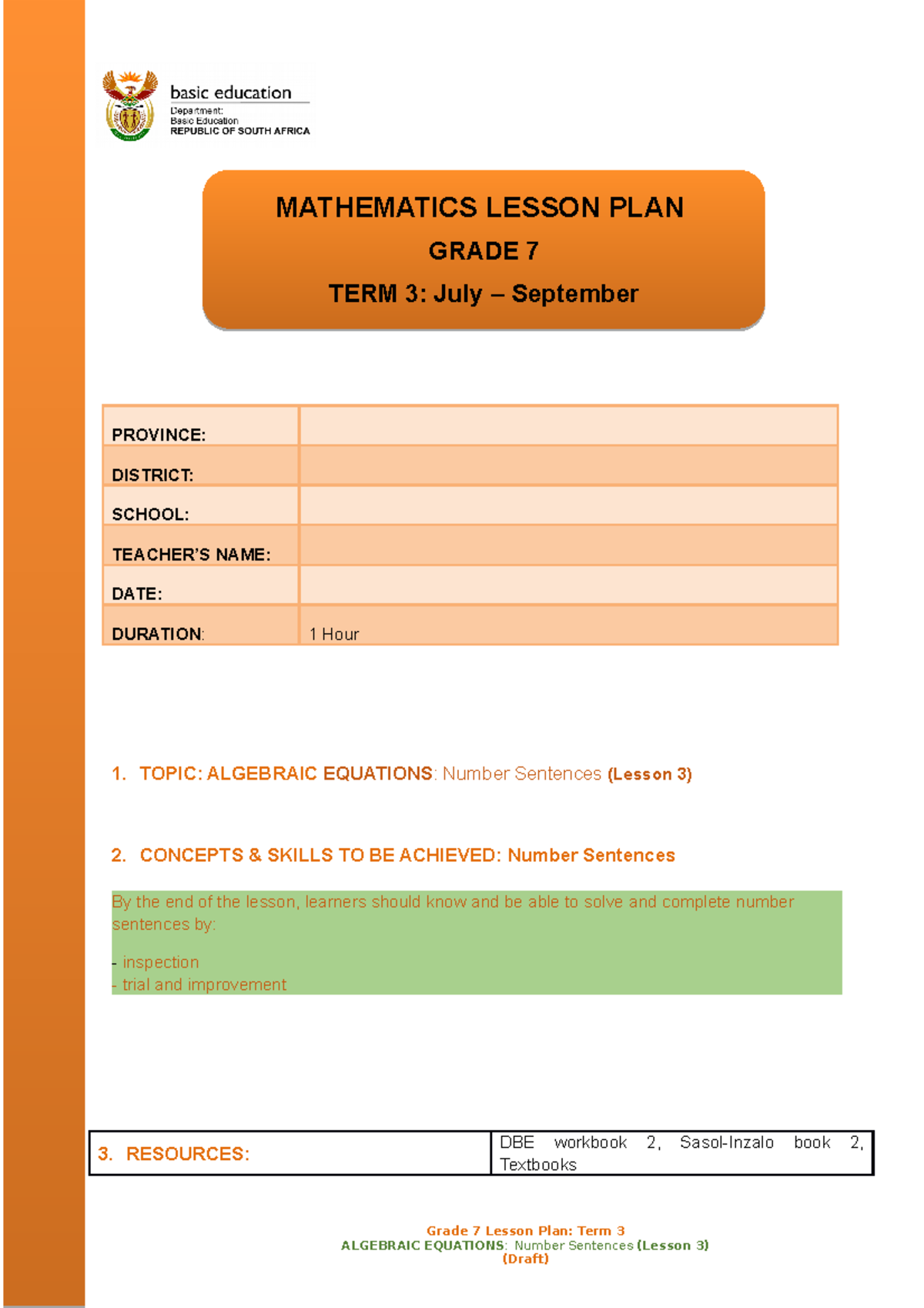 Grade 7 Term 3 Algebraic Equations Lesson 3 - PROVINCE: DISTRICT ...