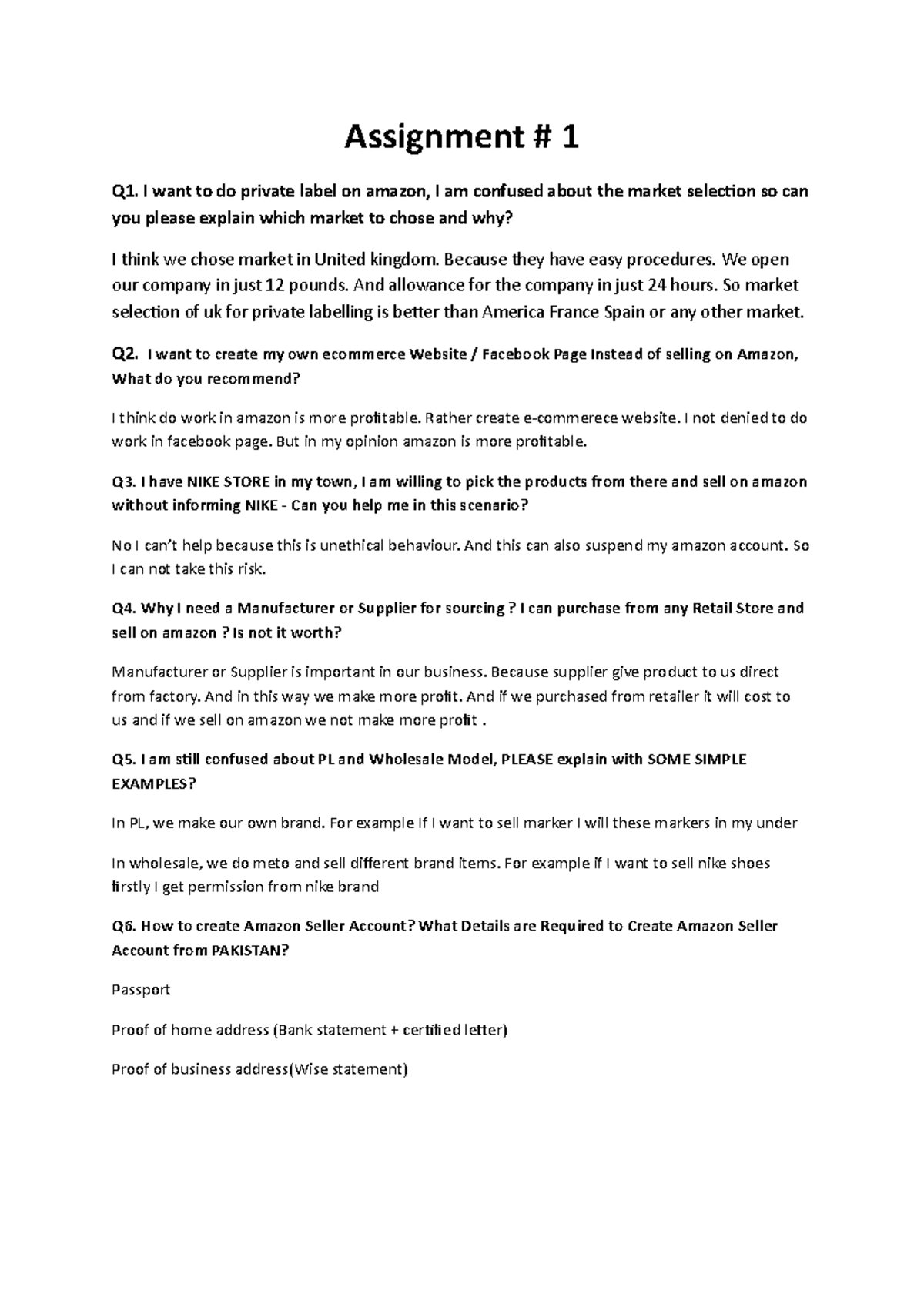 Assignment - Good - Assignment # 1 Q1. I want to do private label on ...