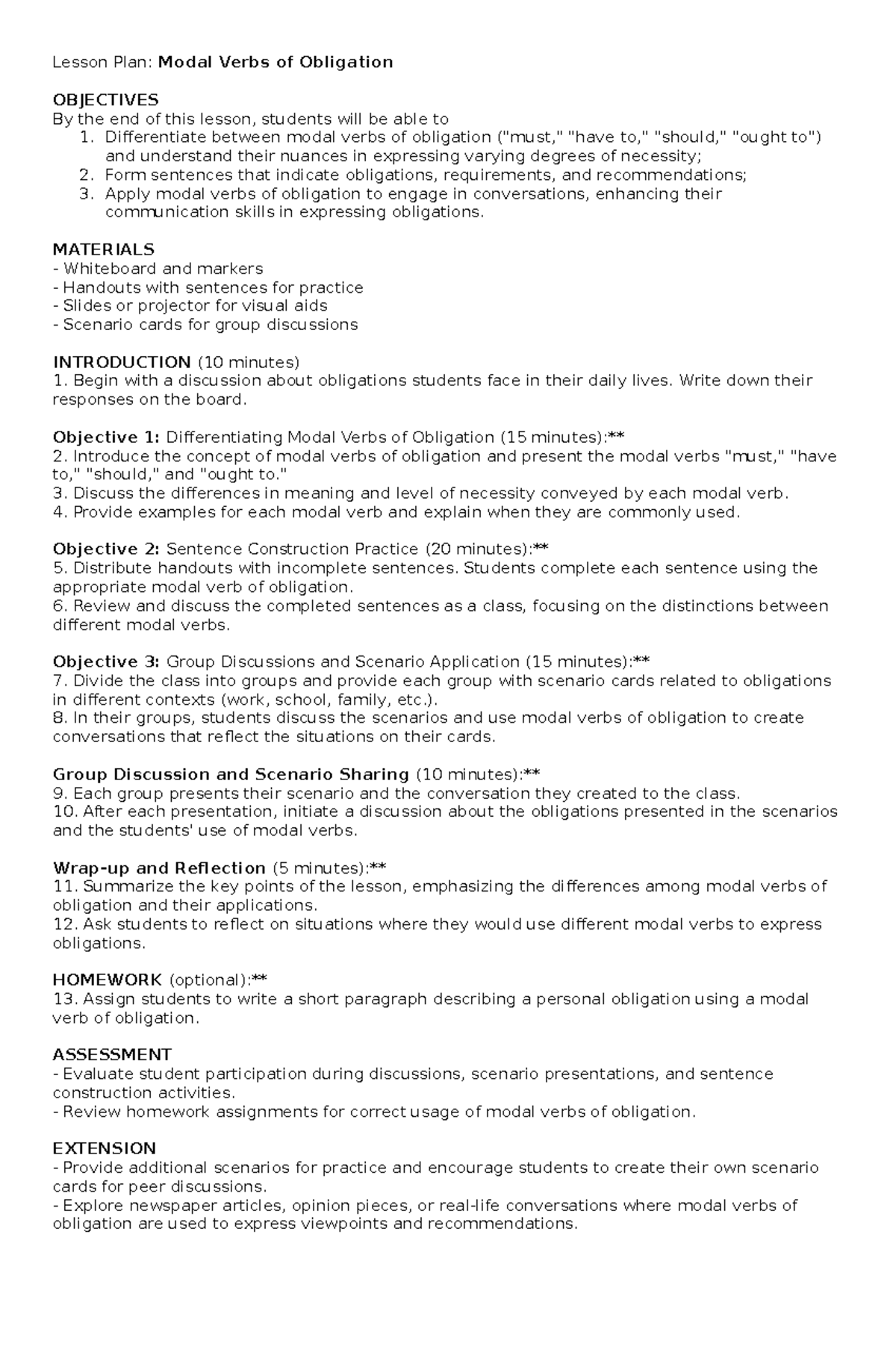 Lesson Plan- Modal Verbs of Obligation - Lesson Plan: Modal Verbs of ...