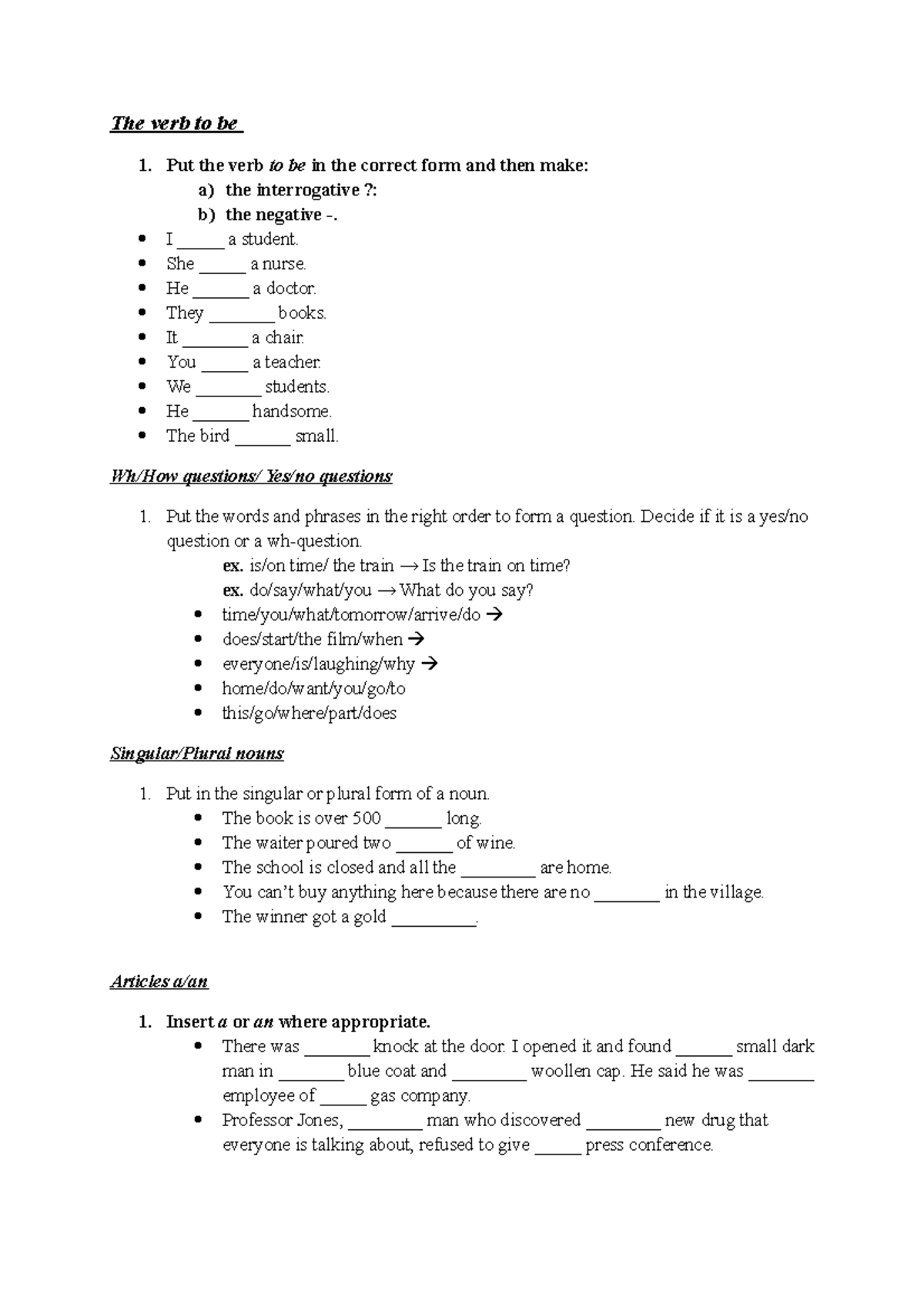 A1 - Entry english level tasks - The verb to be Put the verb to be in ...