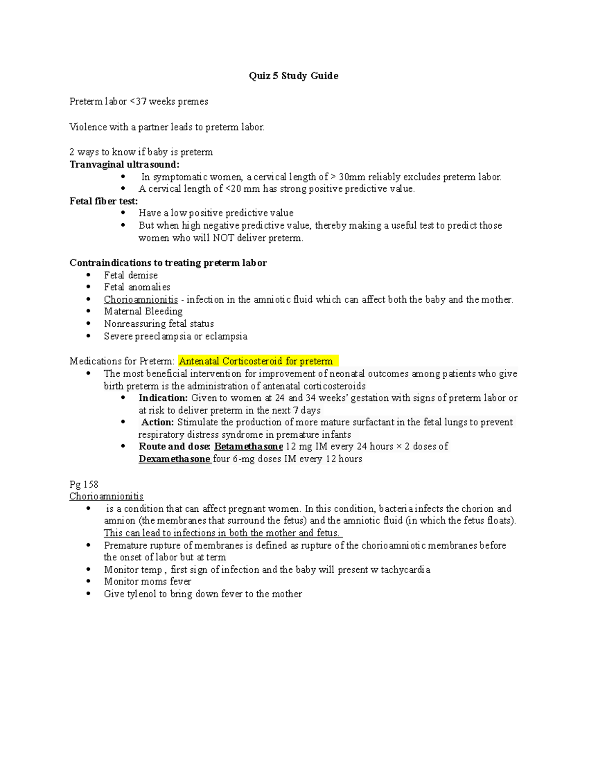 Quiz 5 Study Guide - QUIZ WEEK 5 OB - Quiz 5 Study Guide Preterm labor