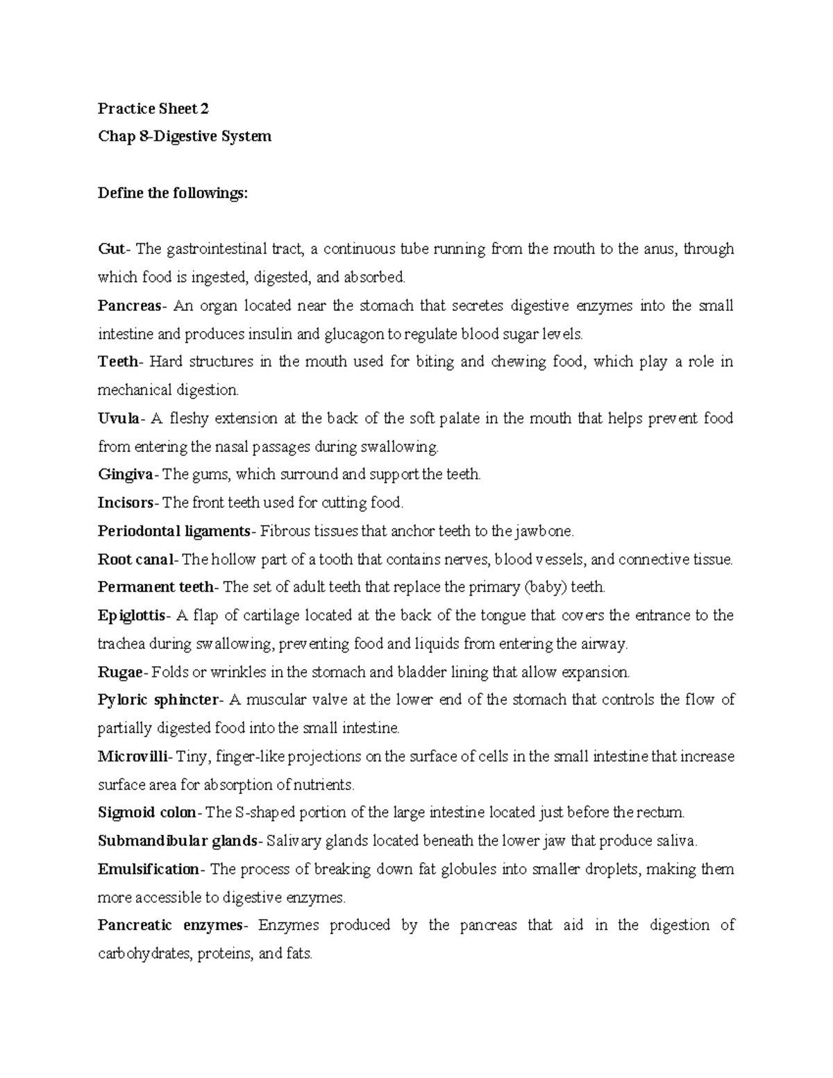 Practice Sheet Digestive System - Practice Sheet 2 Chap 8-Digestive ...