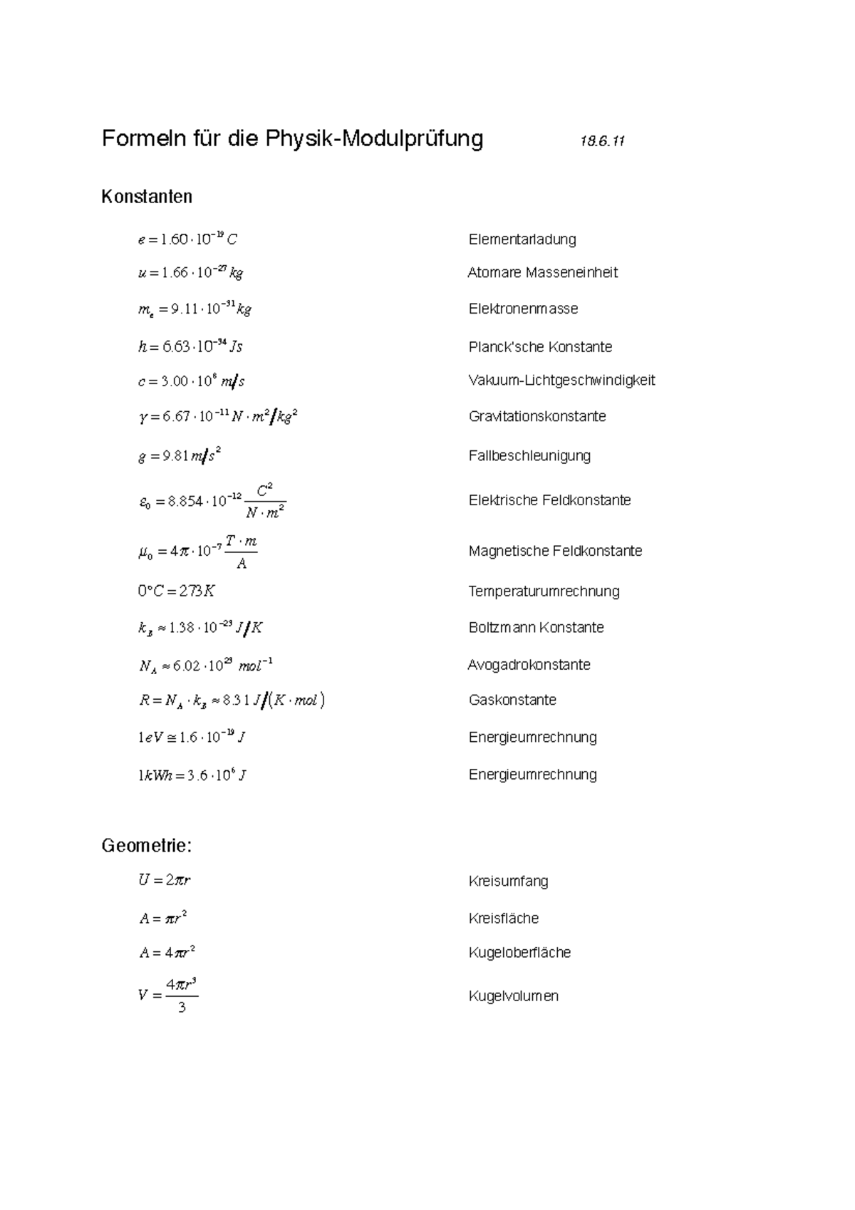 Formelsammlung Physik - Formeln für die Physik-Modulprüfung 18 ...