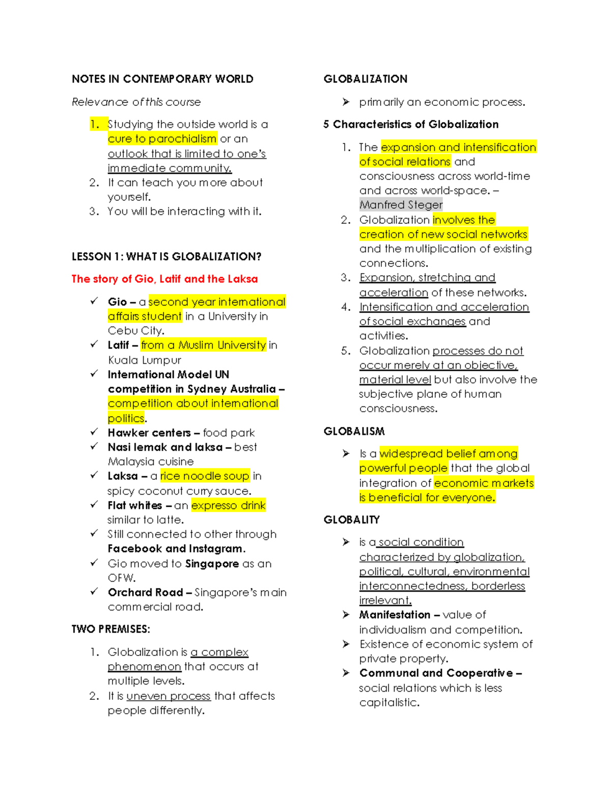 Contem - notes - NOTES IN CONTEMPORARY WORLD Relevance of this course 1 ...