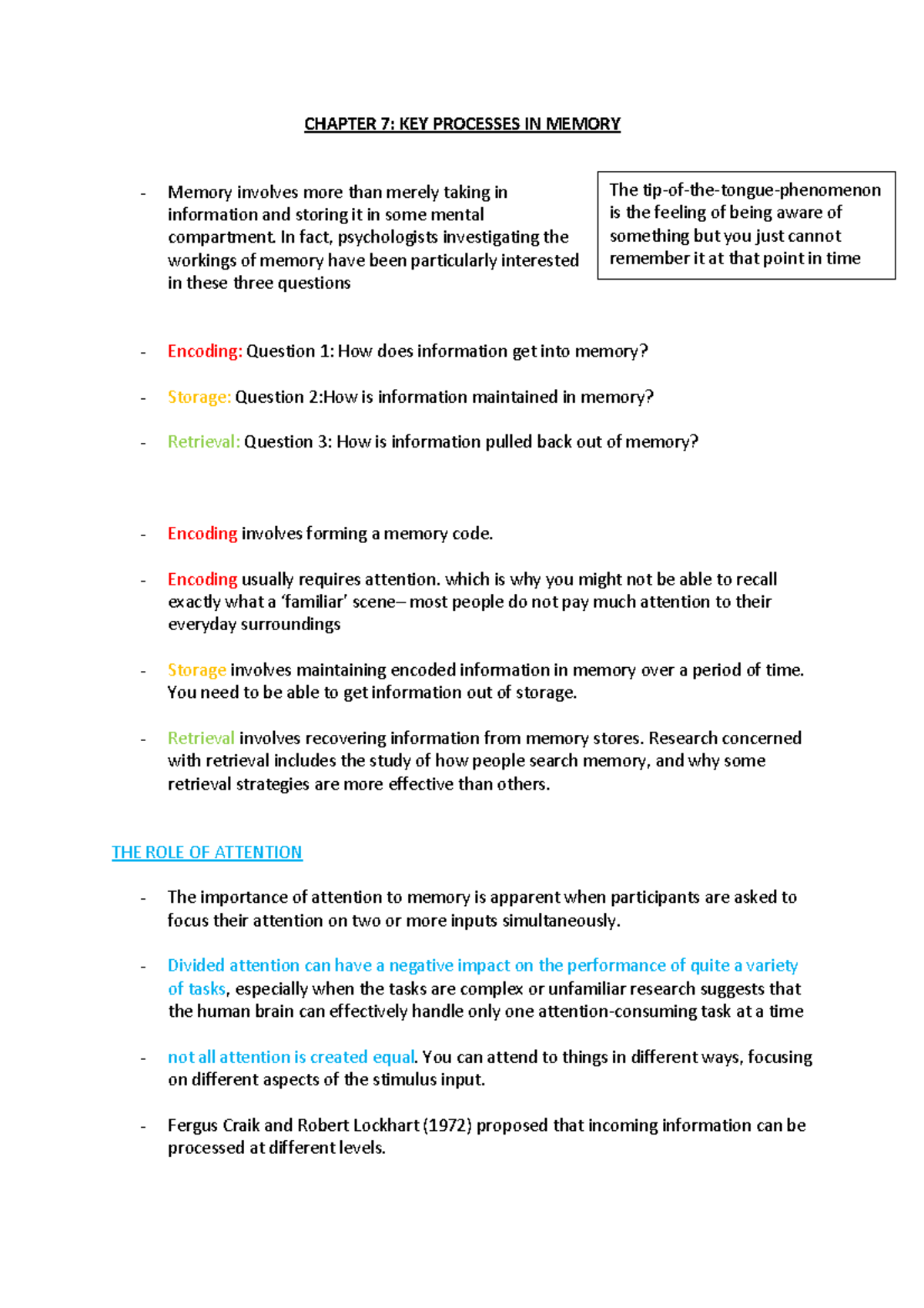 Chapter 7 SLK120 - CHAPTER 7: KEY PROCESSES IN MEMORY Memory involves ...