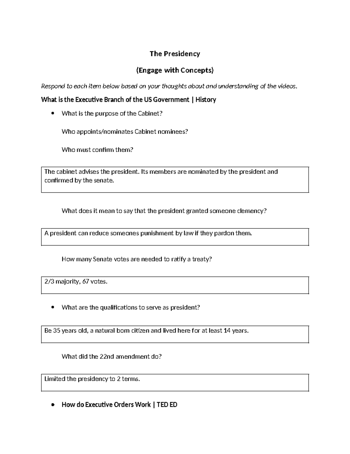 U.S. Government Assignment 2.2.2 Worksheet - The Presidency (Engage ...